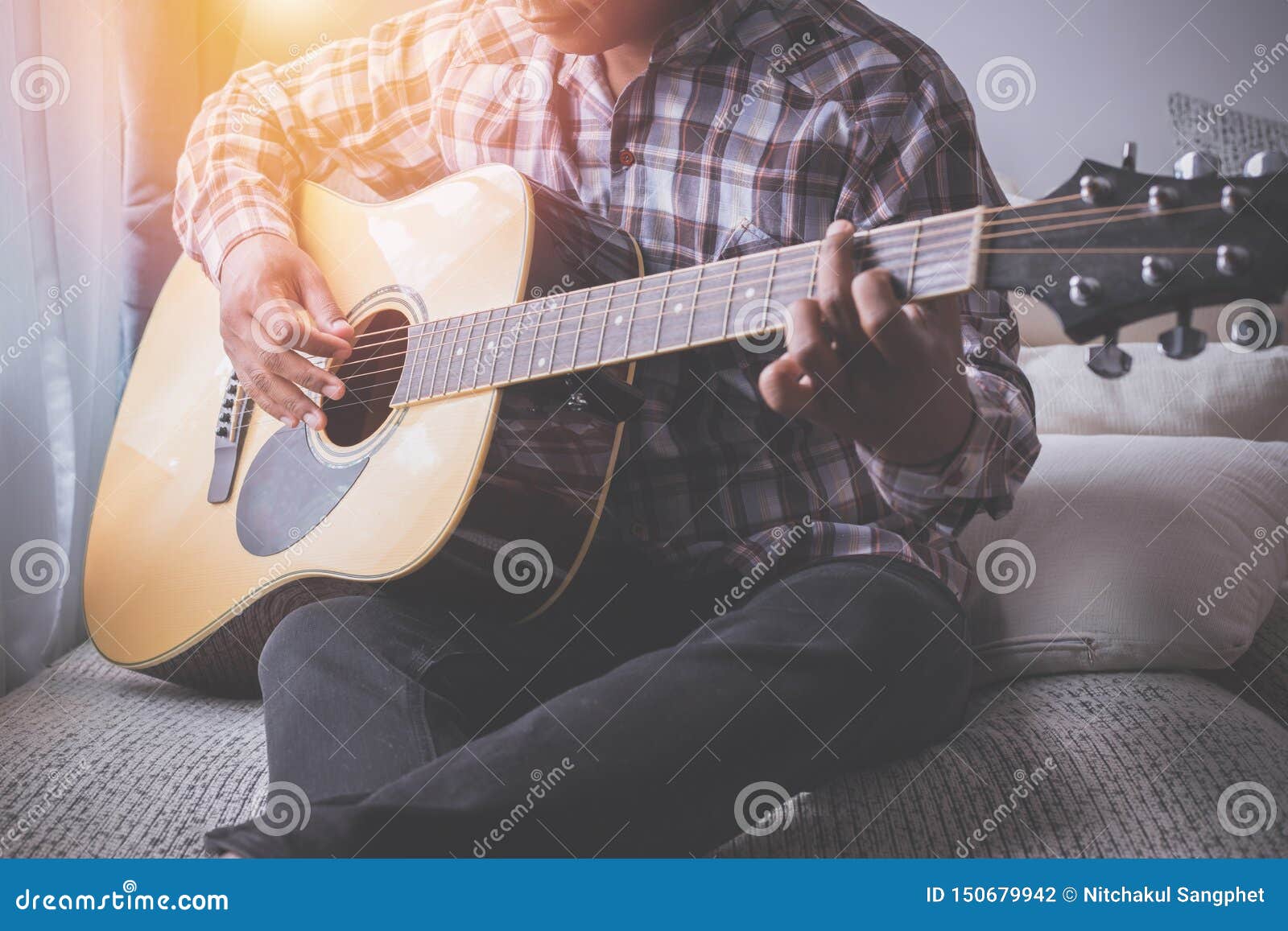 Singer Playing Guitar on Bed Stock Photo - Image of record, guitar ...