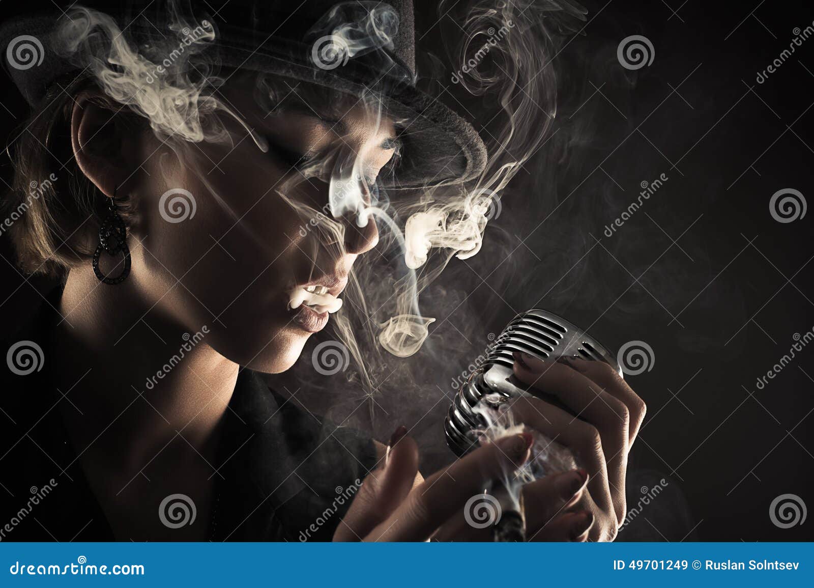 Singer with Retro Microphone and Cigarette Smoke Stock Image - Image of ...
