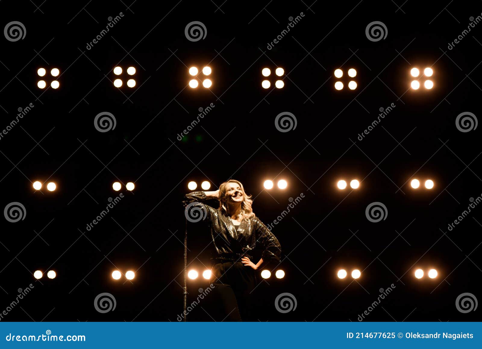Singer on Scene in the Club. Bright Stage Lighting. Stock Image - Image ...