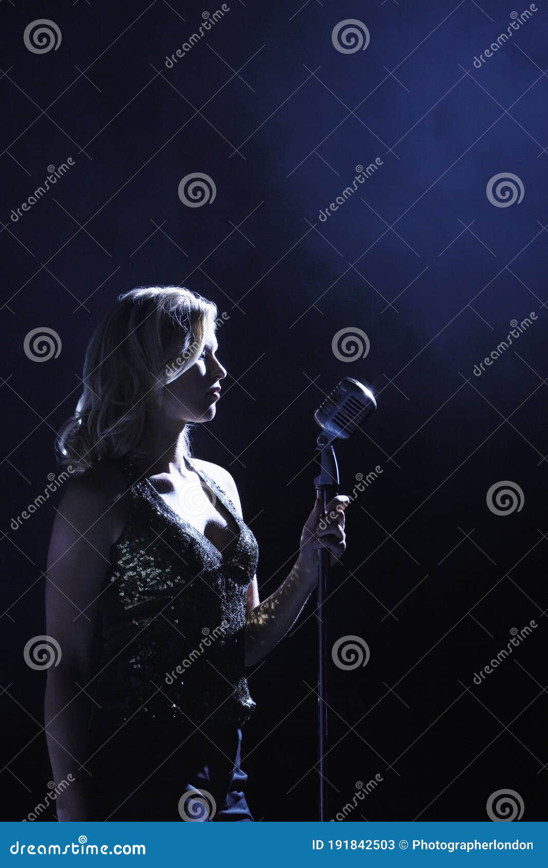 Singer Standing at Microphone Side View Stock Image - Image of singing ...