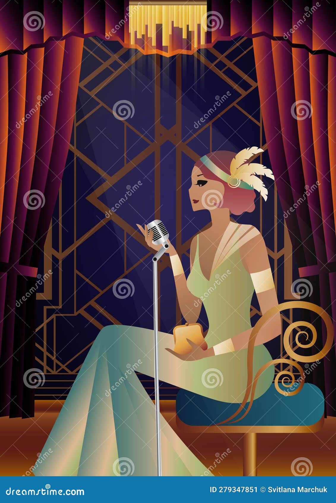 Singers Sing into Microphones, Art Deco Stock Vector - Illustration of ...
