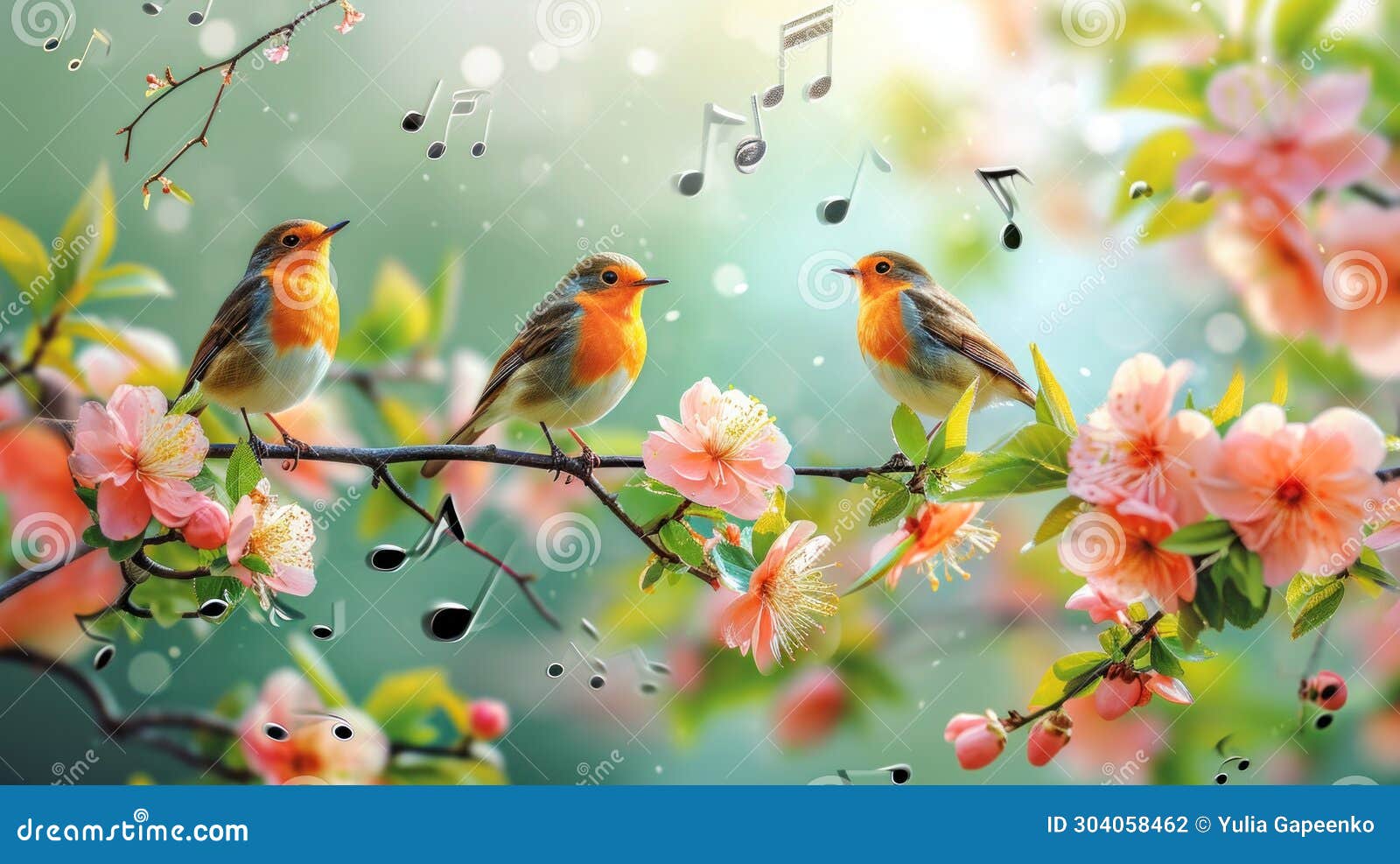 Singing Birds, Musical Notes, and Blossoming Branches Set a Harmonious ...