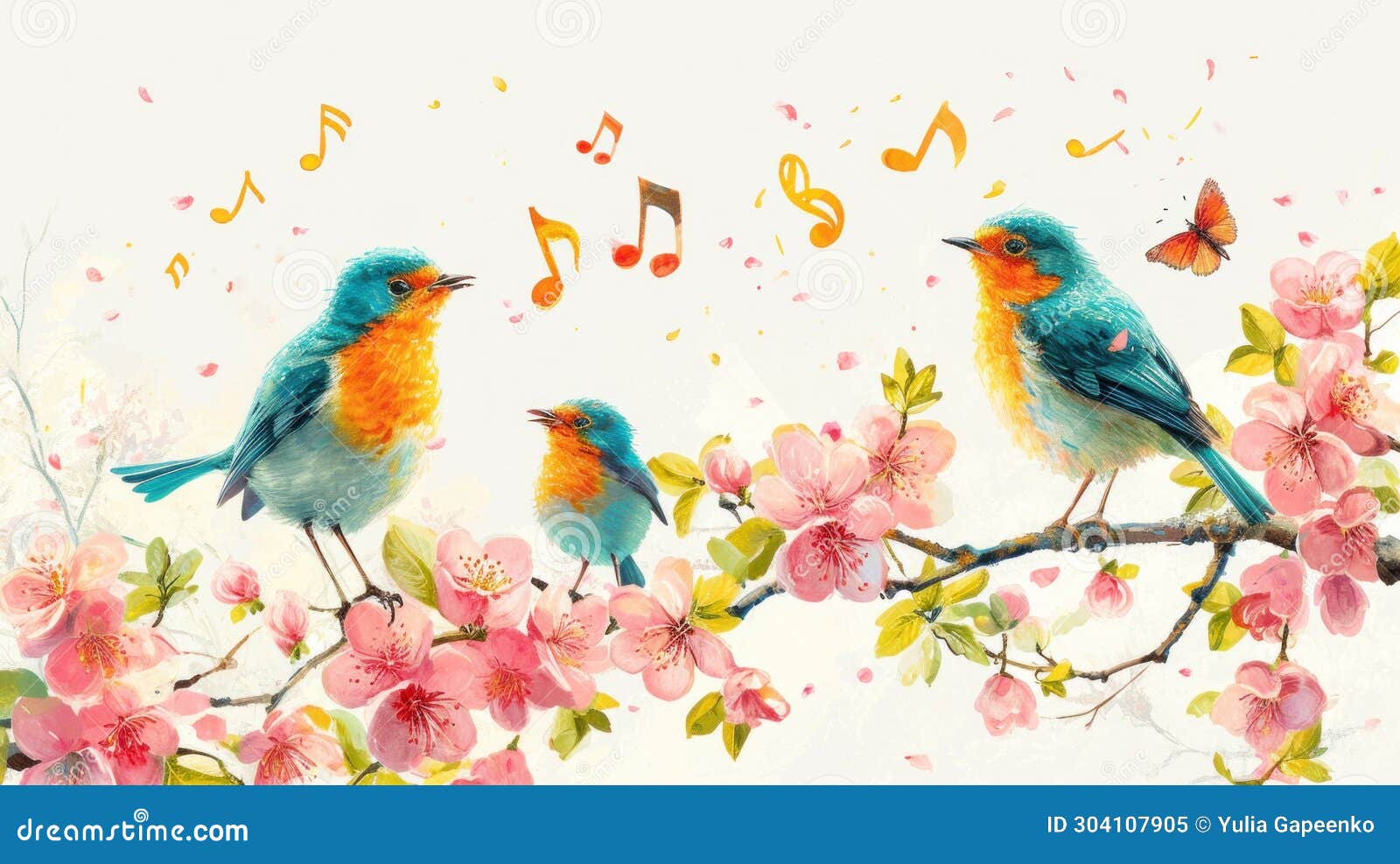 Singing Birds, Musical Notes, and Blossoming Branches Set a Harmonious ...
