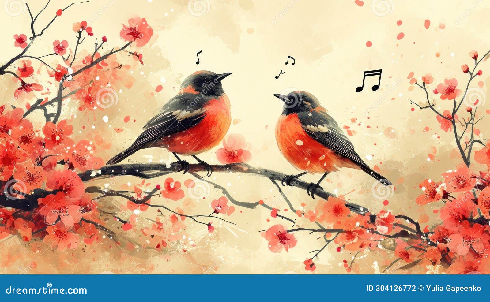 Singing Birds, Musical Notes, and Blossoming Branches Set a Harmonious ...