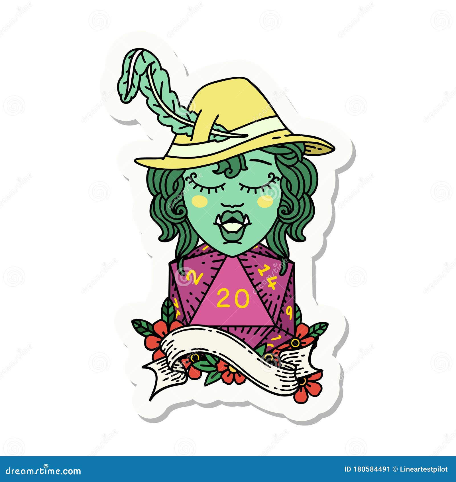 Singing Half Orc Bard Character With Banner Sticker Vector Illustration ...