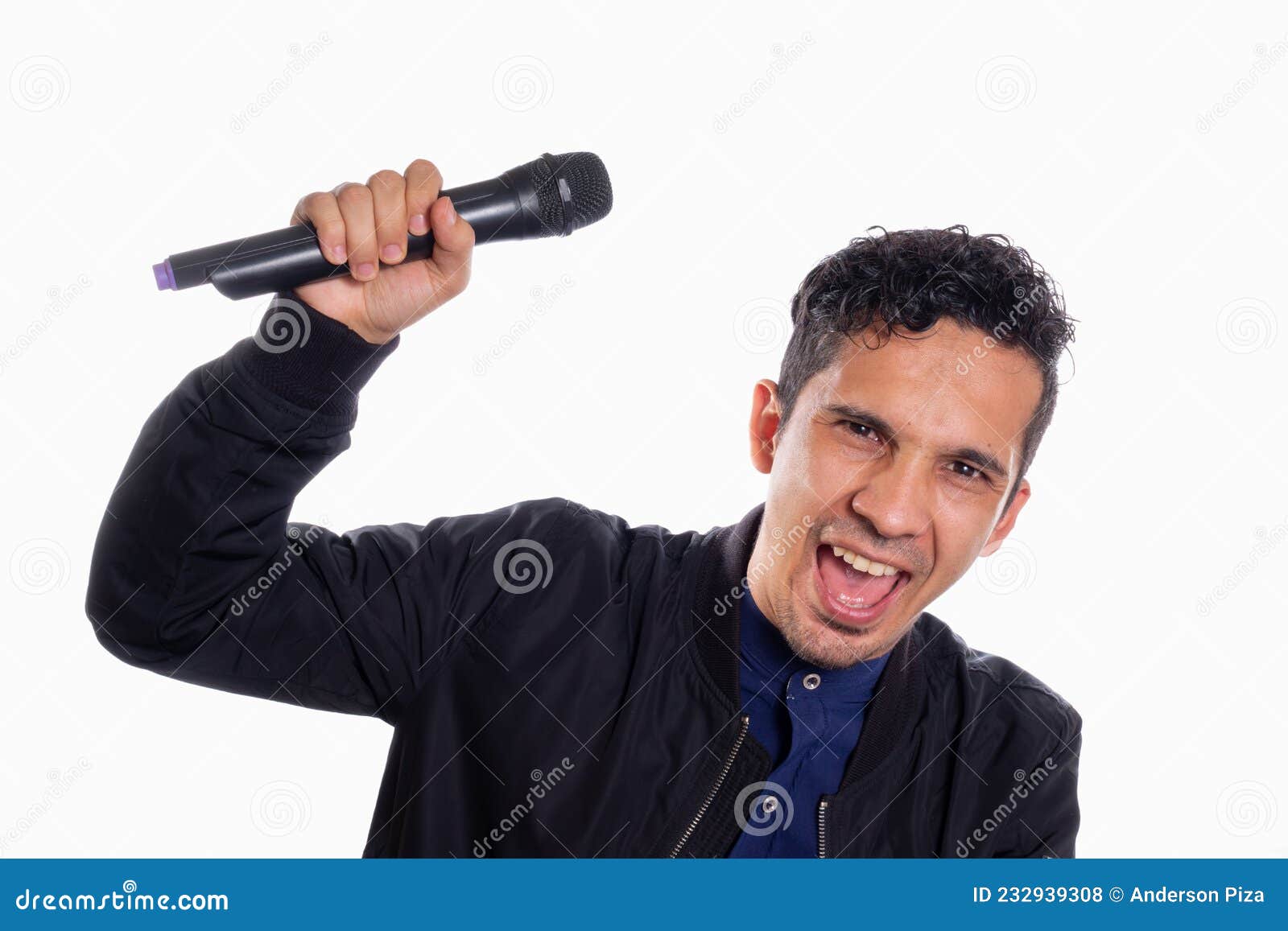 Singing Man Shouting and Looking at the Camera. White Background Stock ...