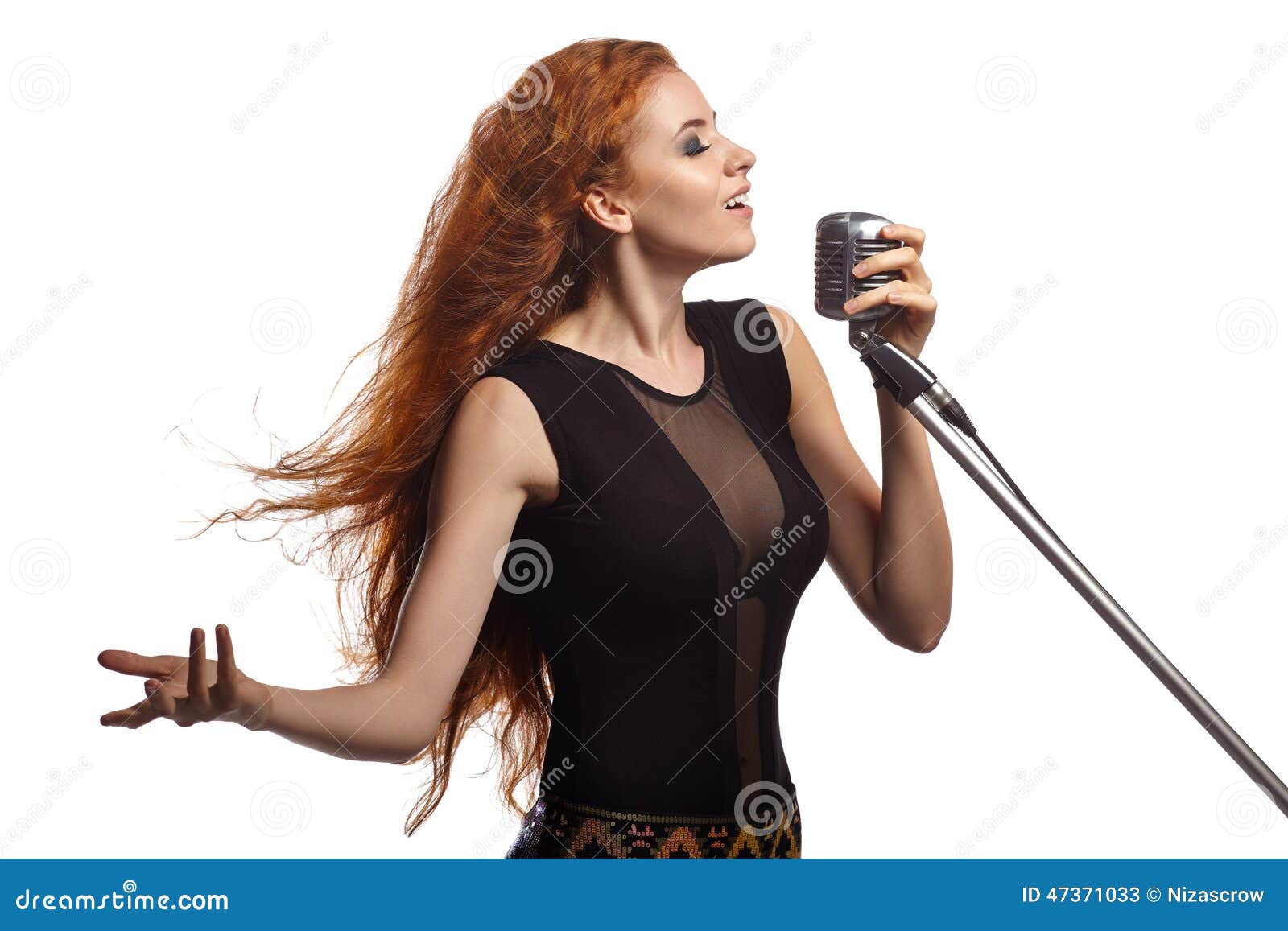 Singing Woman with Retro Microphone. Stock Image - Image of music ...