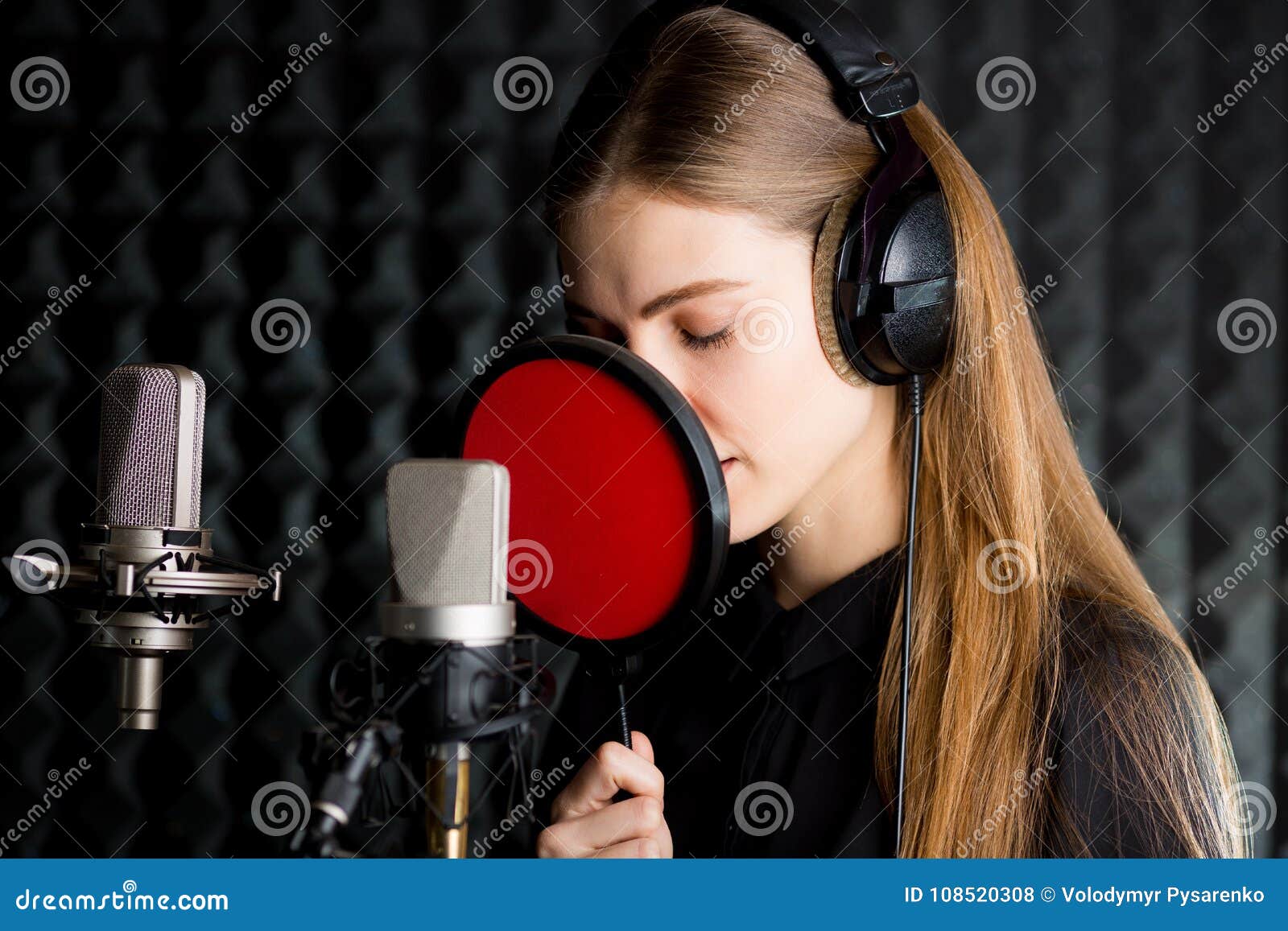 Singing Young Girl in Recording Studio. Stock Photo - Image of ...
