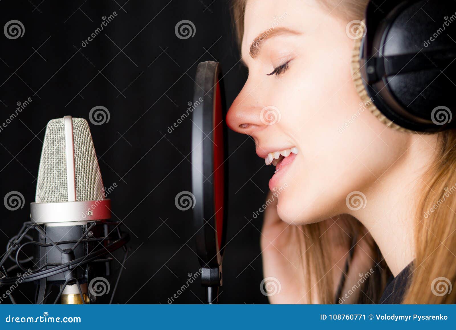 Singing Young Girl in Recording Studio. Stock Image - Image of ...