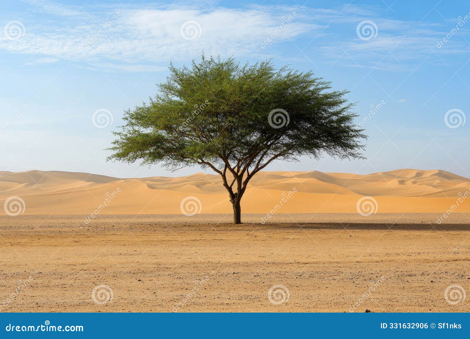 Single Acacia Tree with Spreading Canopy on Flat Desert Plain, Backed ...