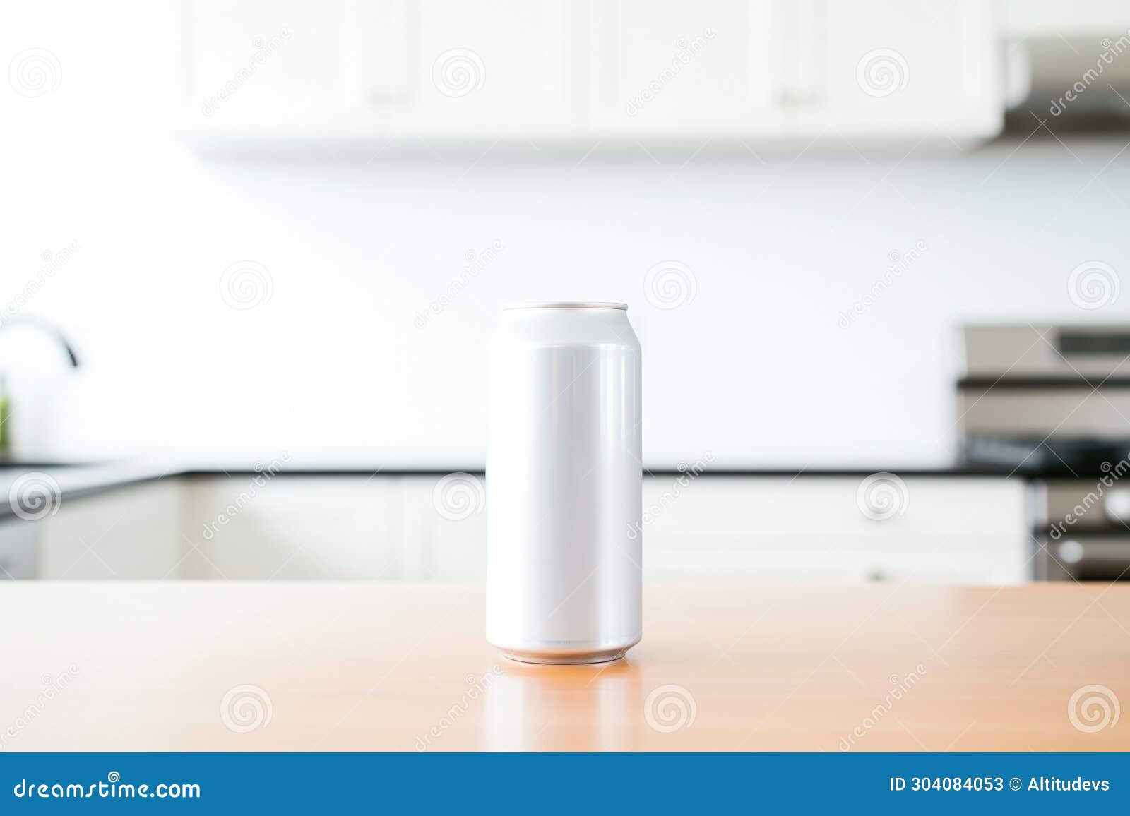 Single Aluminum Can with a White Label Centered on a White Tabletop ...