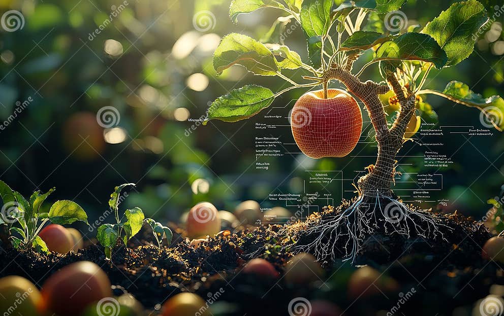 A Single Apple Tree Growing in an Orchard with a Data Visualization ...