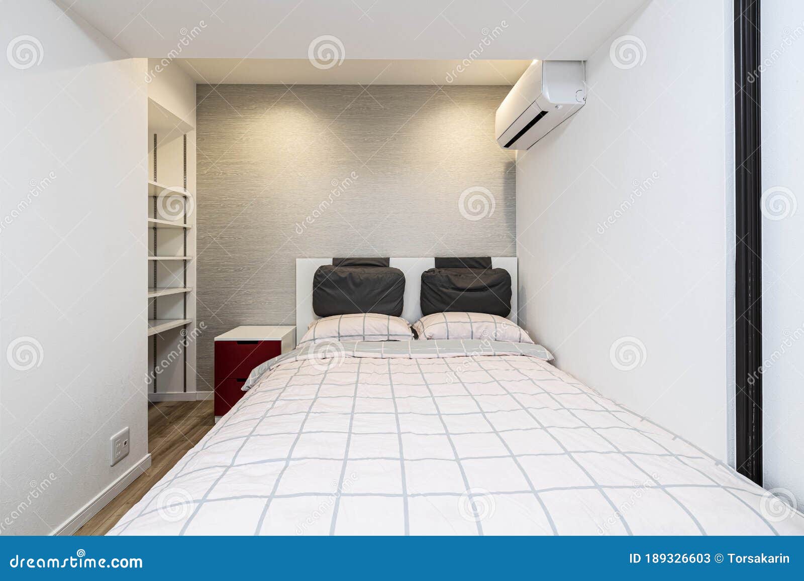 Single Bed in Modern Small Bedroom Stock Image - Image of lamp ...