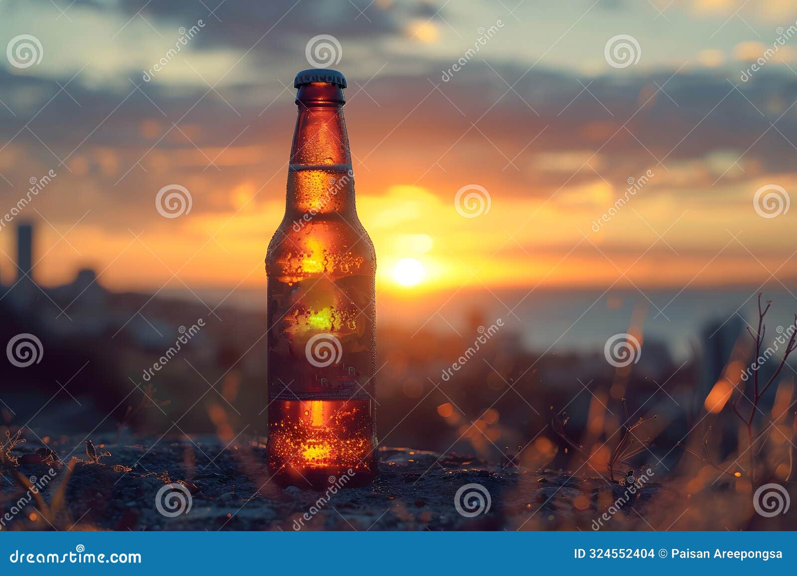 A Single Beer Bottle with a Sunset in the Background Stock Illustration ...