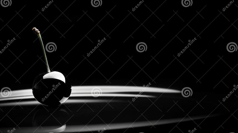 Single Black Cherry in Water Droplet on Dark Surface Stock Illustration ...