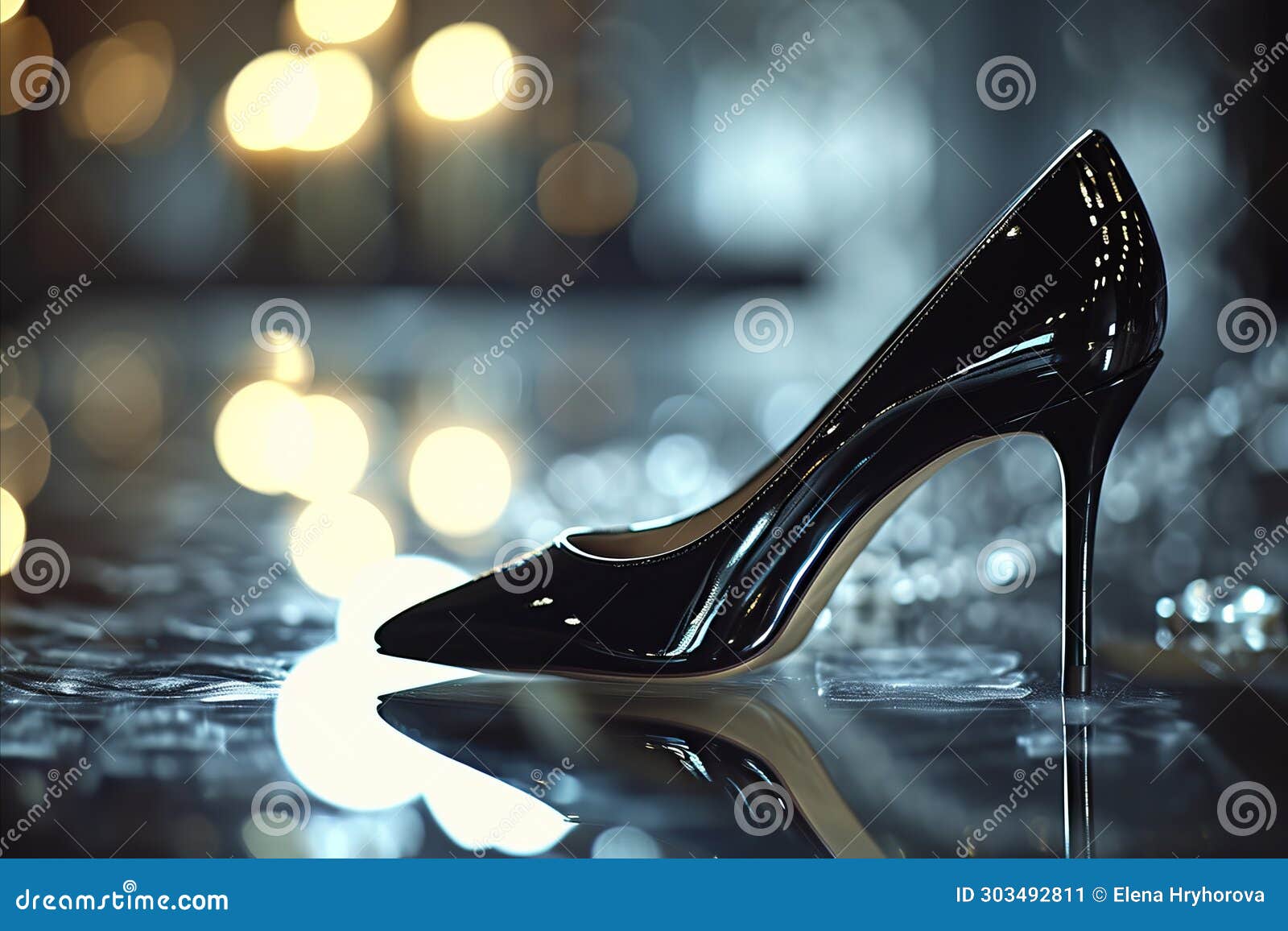 A Single Black Patent Leather High Heel Shoe on a Reflective Surface ...