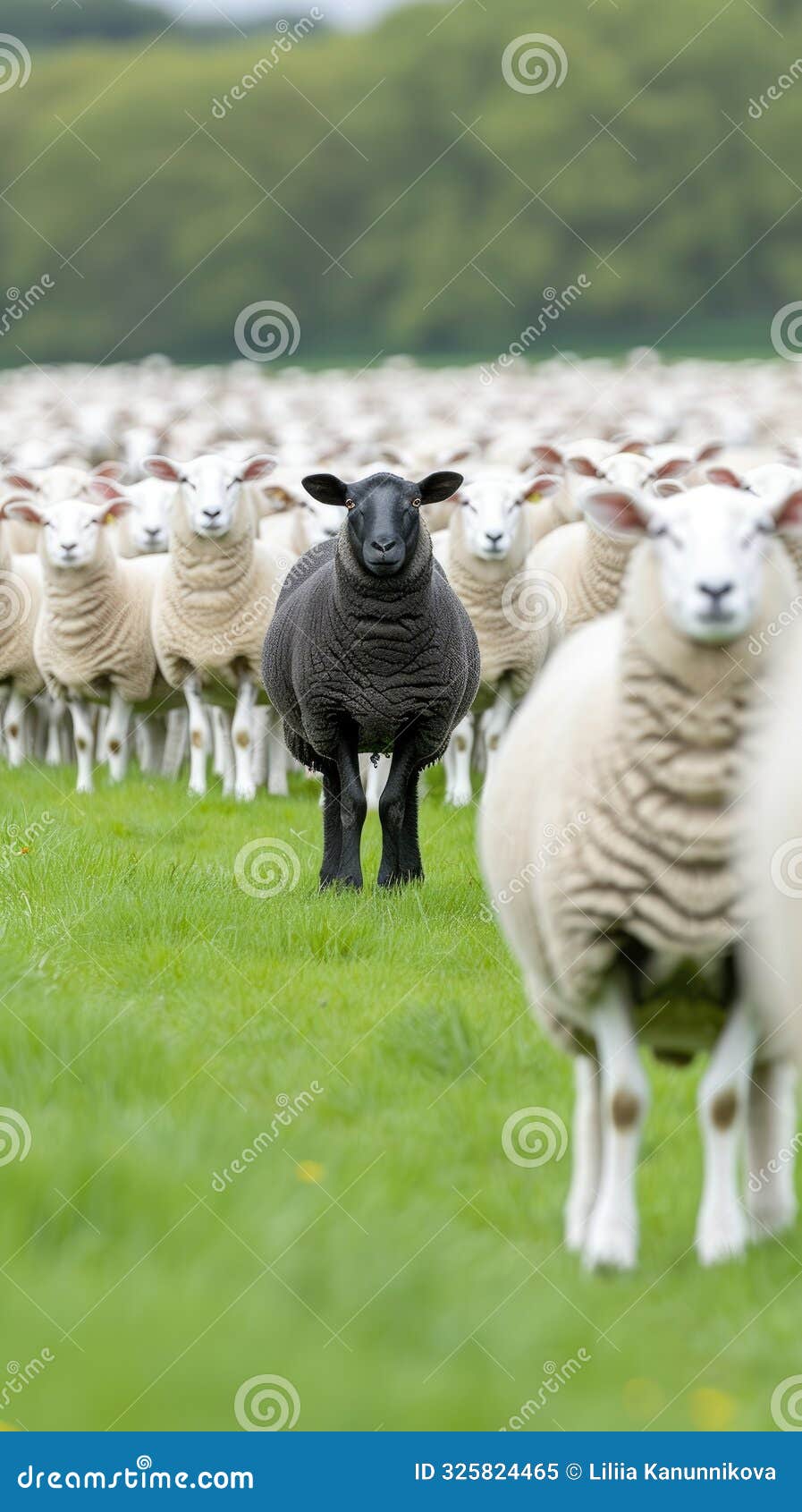 A Single Black Sheep Stands Out from a Group of White Sheep in a Grassy ... A Single Black Sheep Stands Out from a Group of White Sheep in a Grassy ...