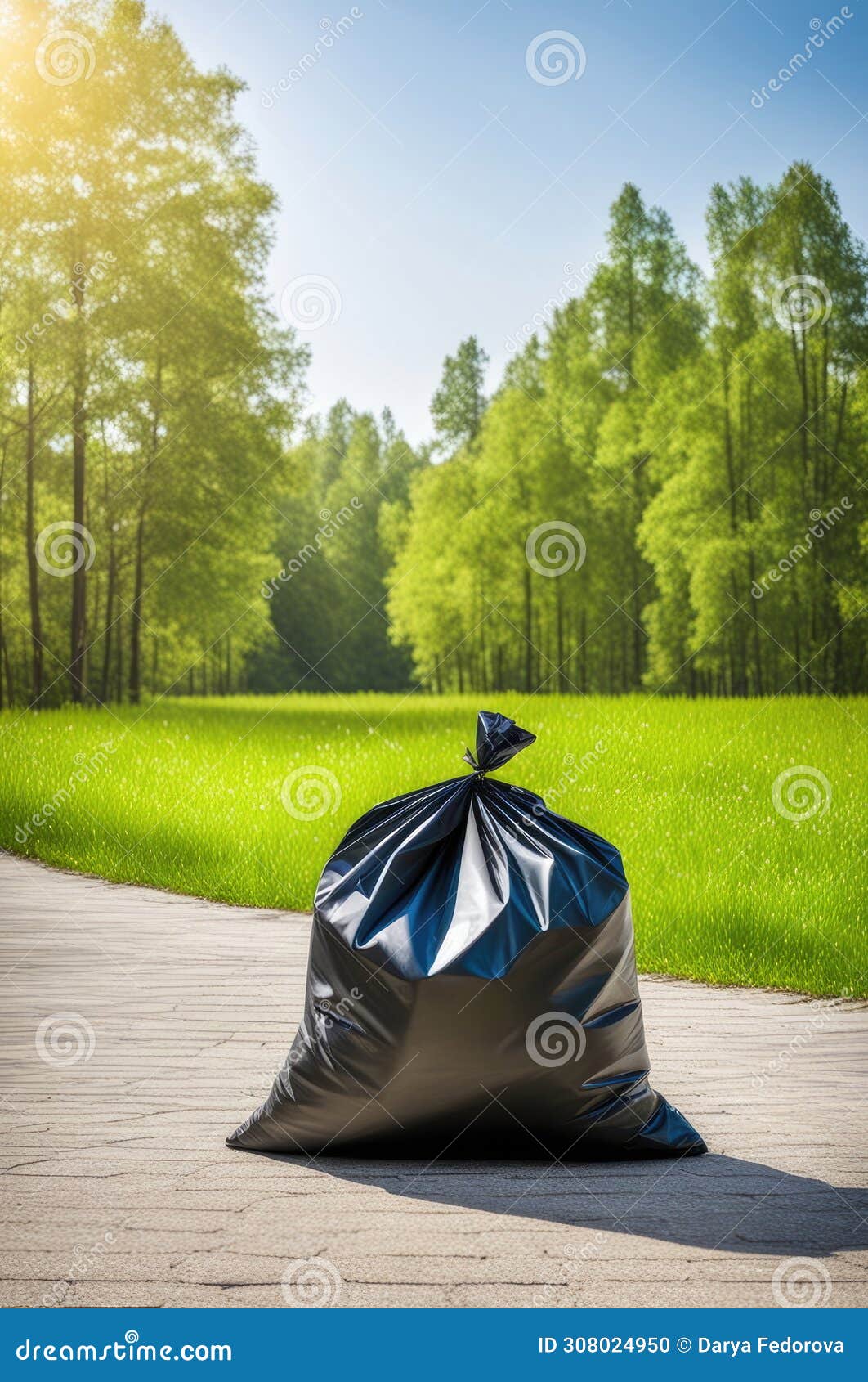 Single Black Trash Bag on Park Emphasizing Environmental Responsibility ...