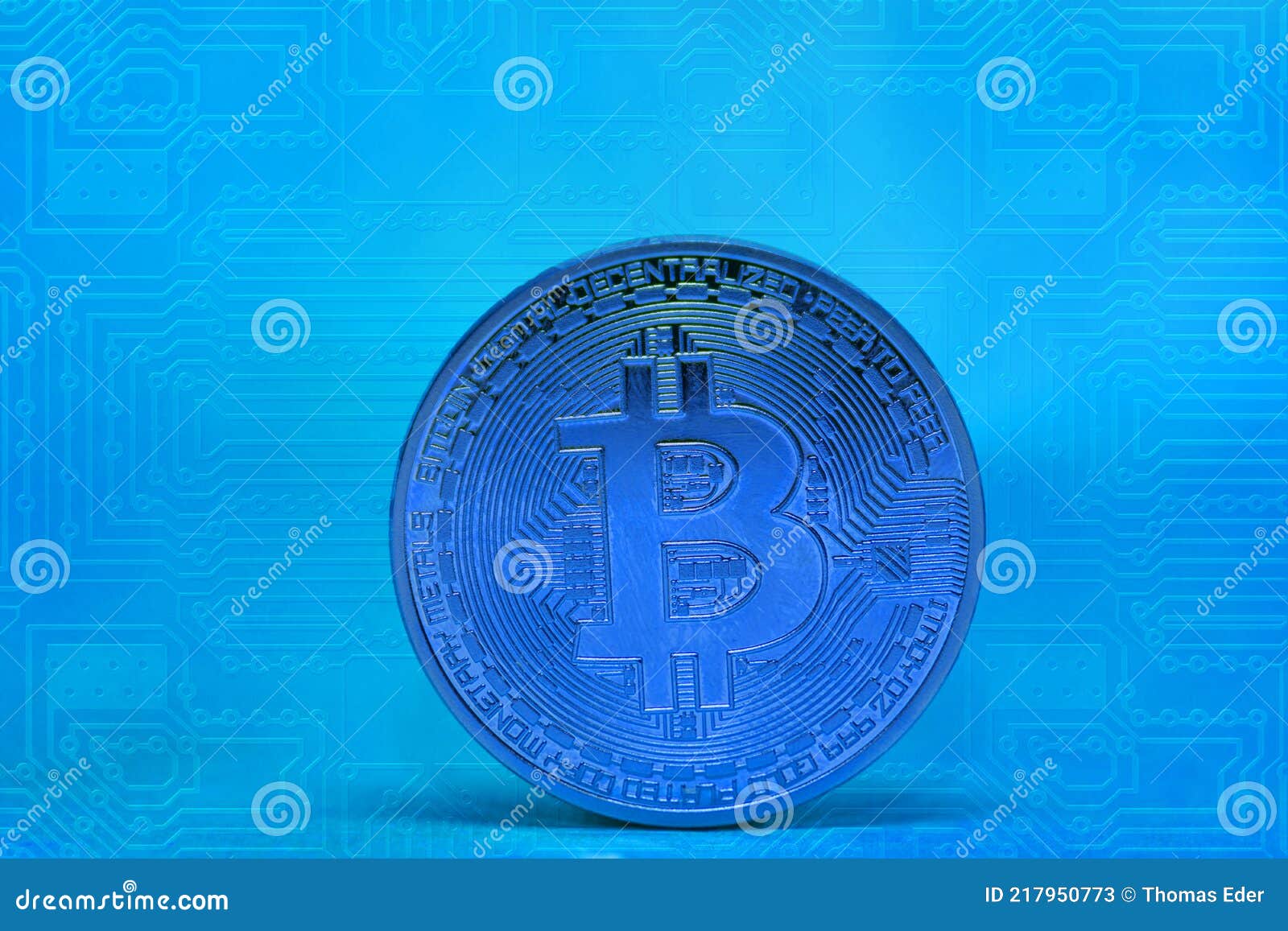 Single Blue Bitcoin Coin with Blue Electrical Circuit Diagram Stock ...
