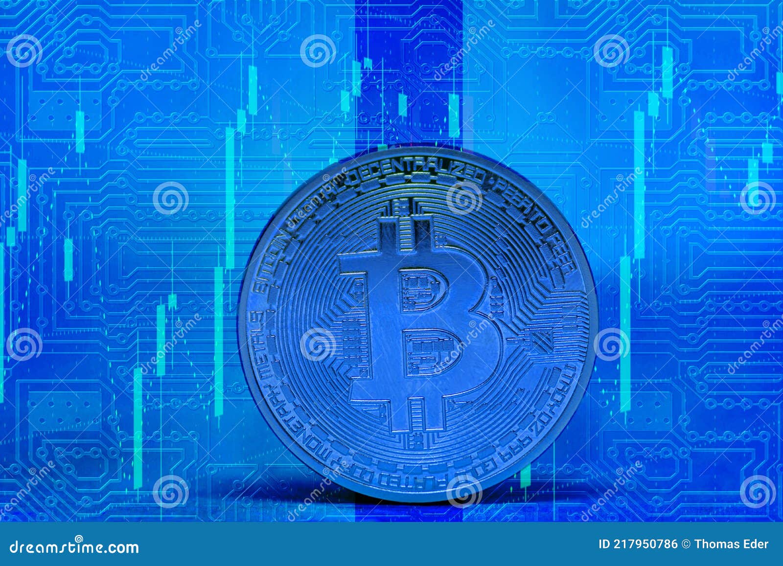 Single Blue Bitcoin Coin with Blue Electrical Circuit Diagram and a ...