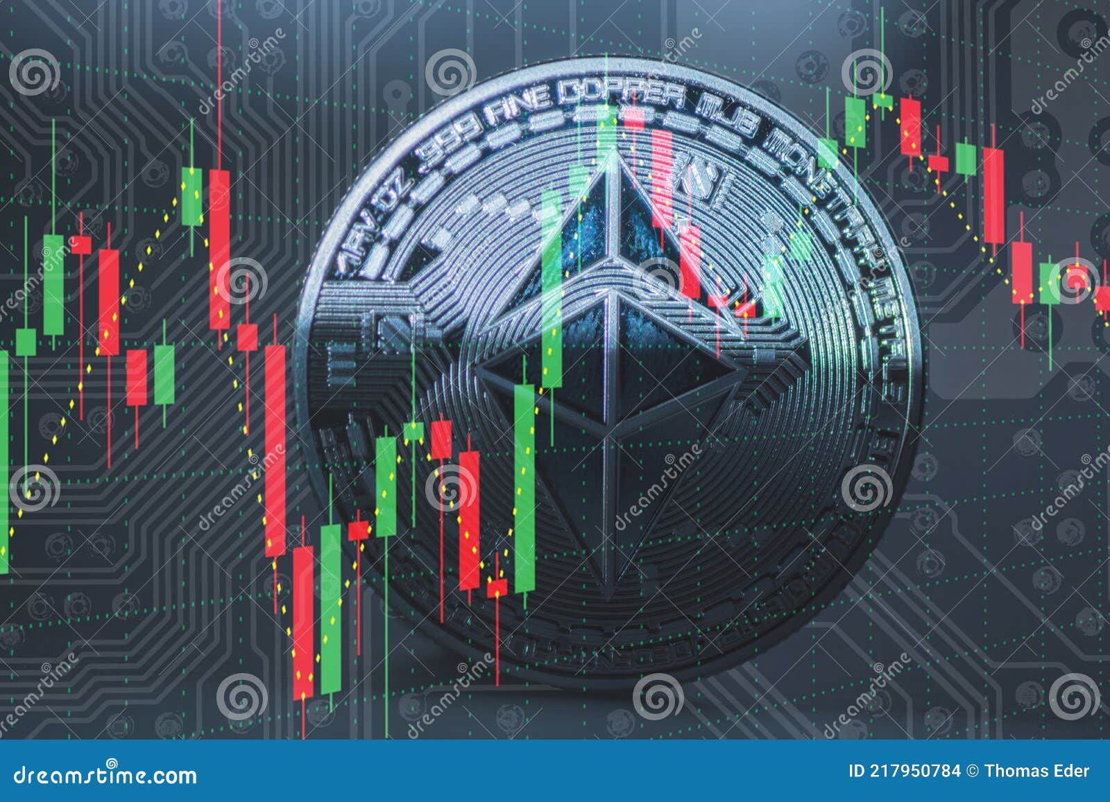 Single Blue Ether Coin from Ethereum with a Rising Chart and Electrical ...