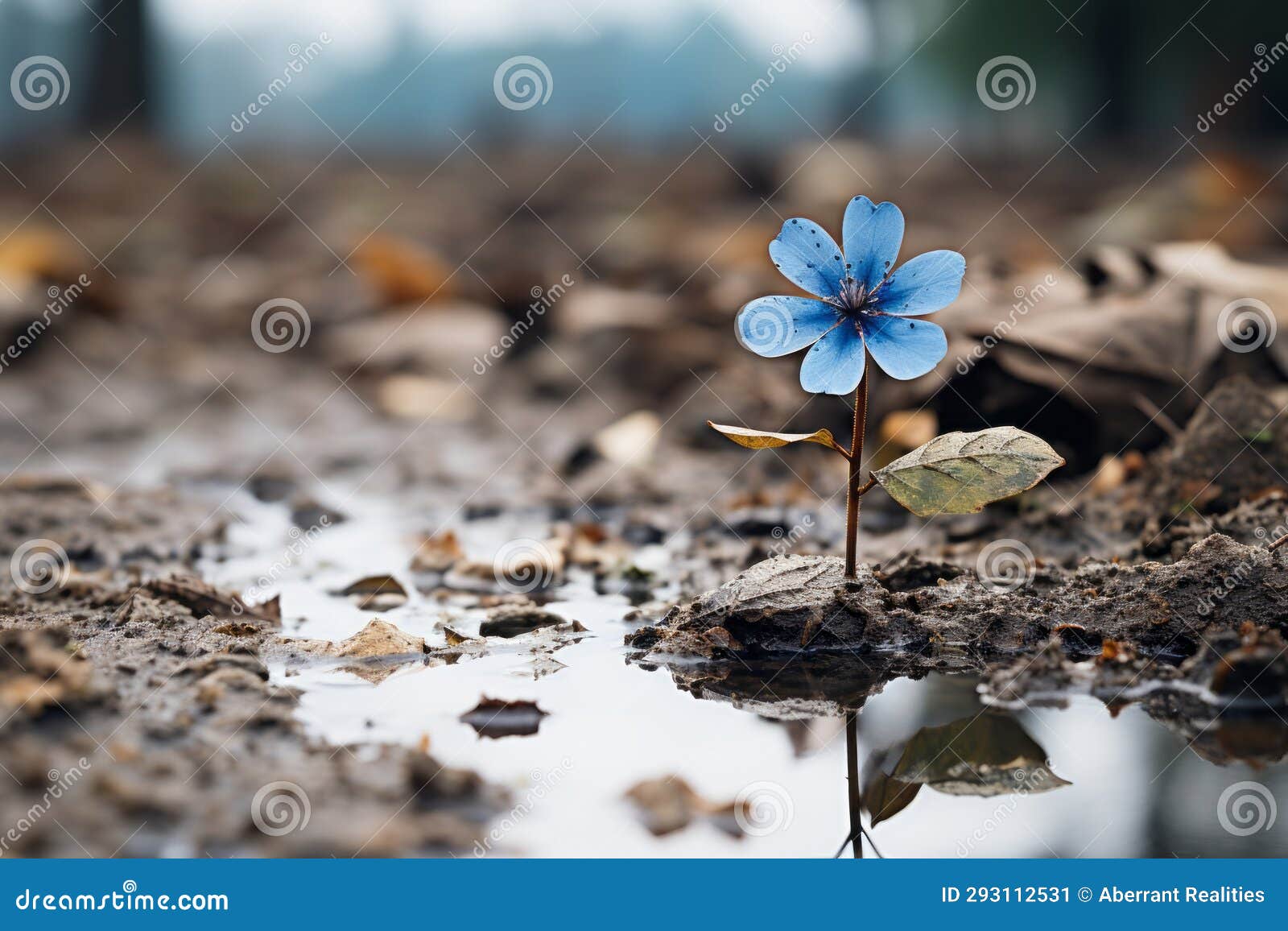 A Single Blue Flower Growing in a Puddle of Water Stock Illustration ...