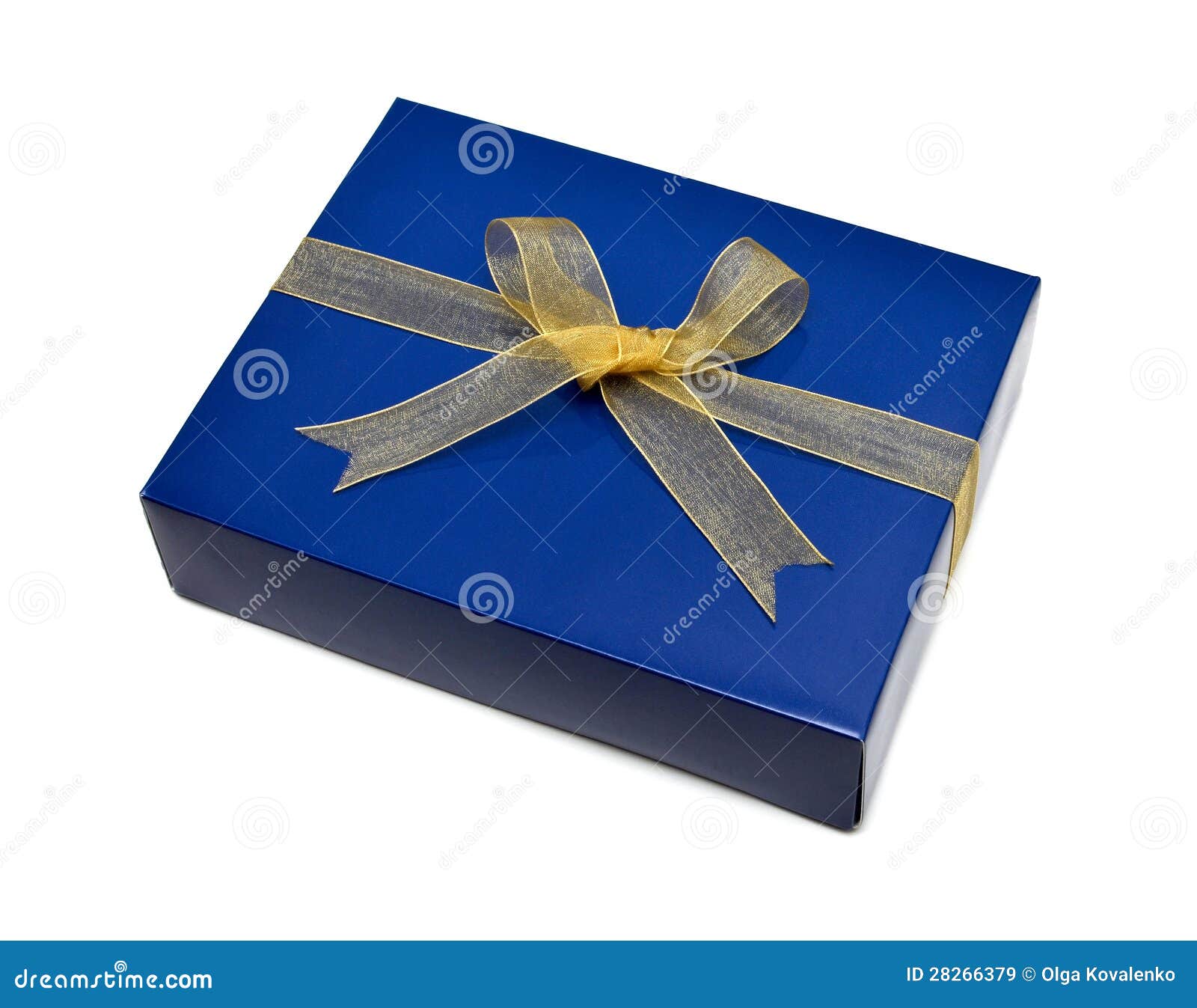 Single Blue Gift Box with Gold Ribbon and Bow Stock Image - Image of ...