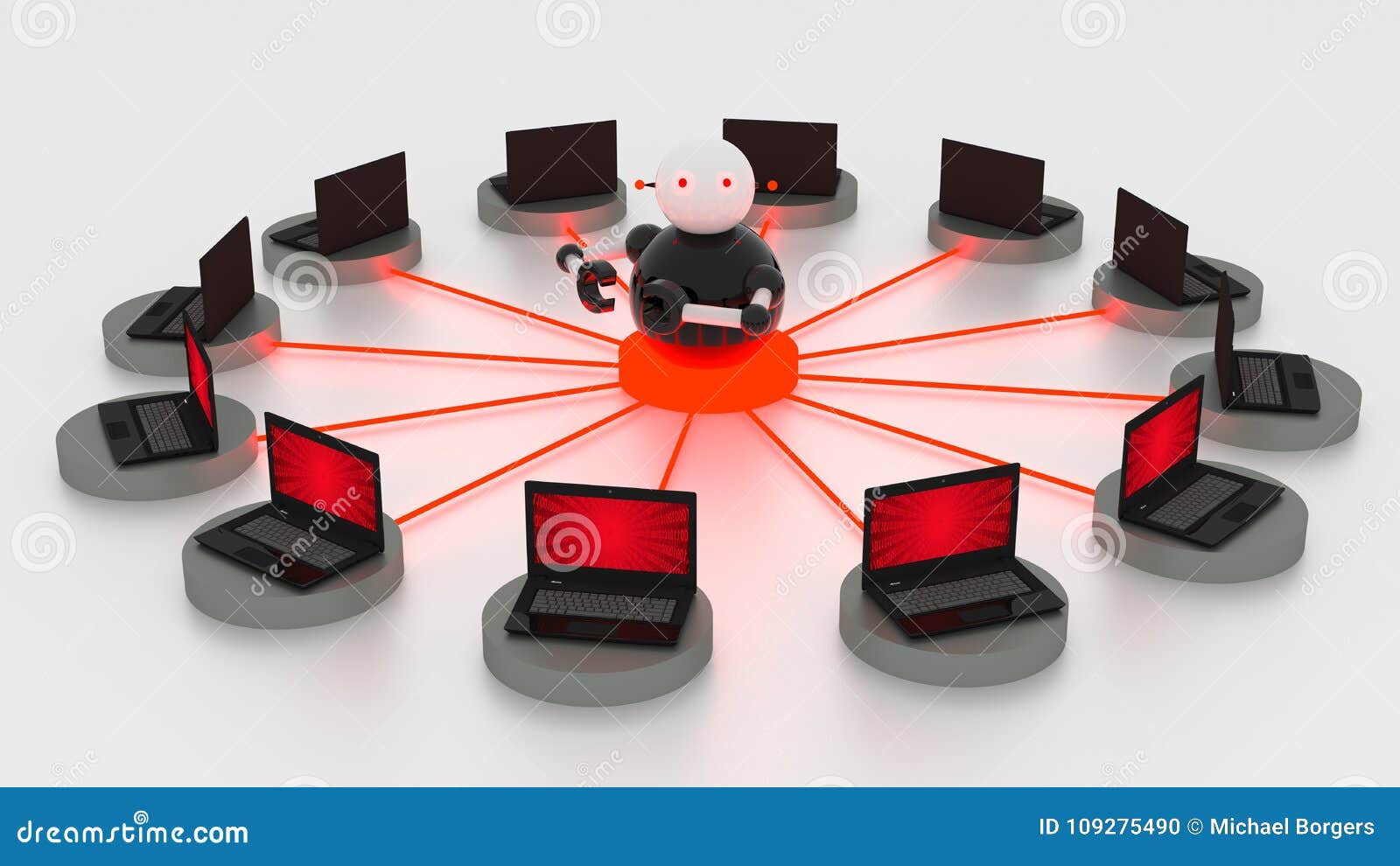 Single Bot in the Circular Center of Platforms Connected To Laptops ...