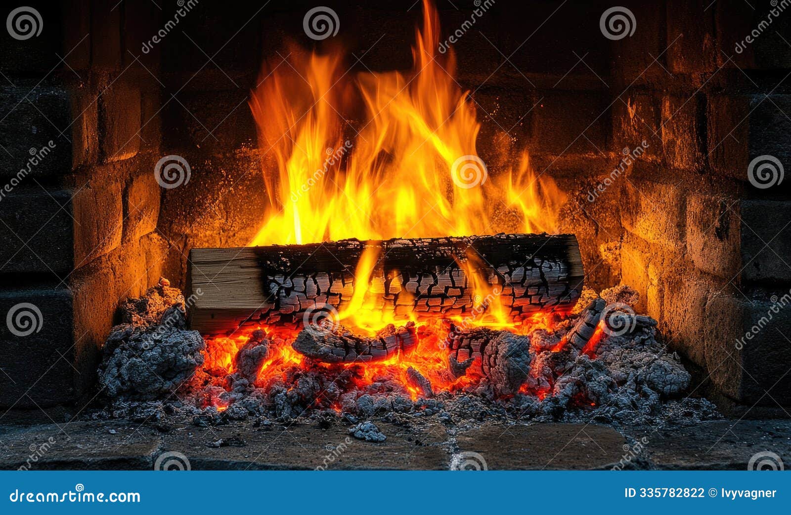 A Single Burning Log Resting in a Stone Fireplace Stock Photo - Image ...