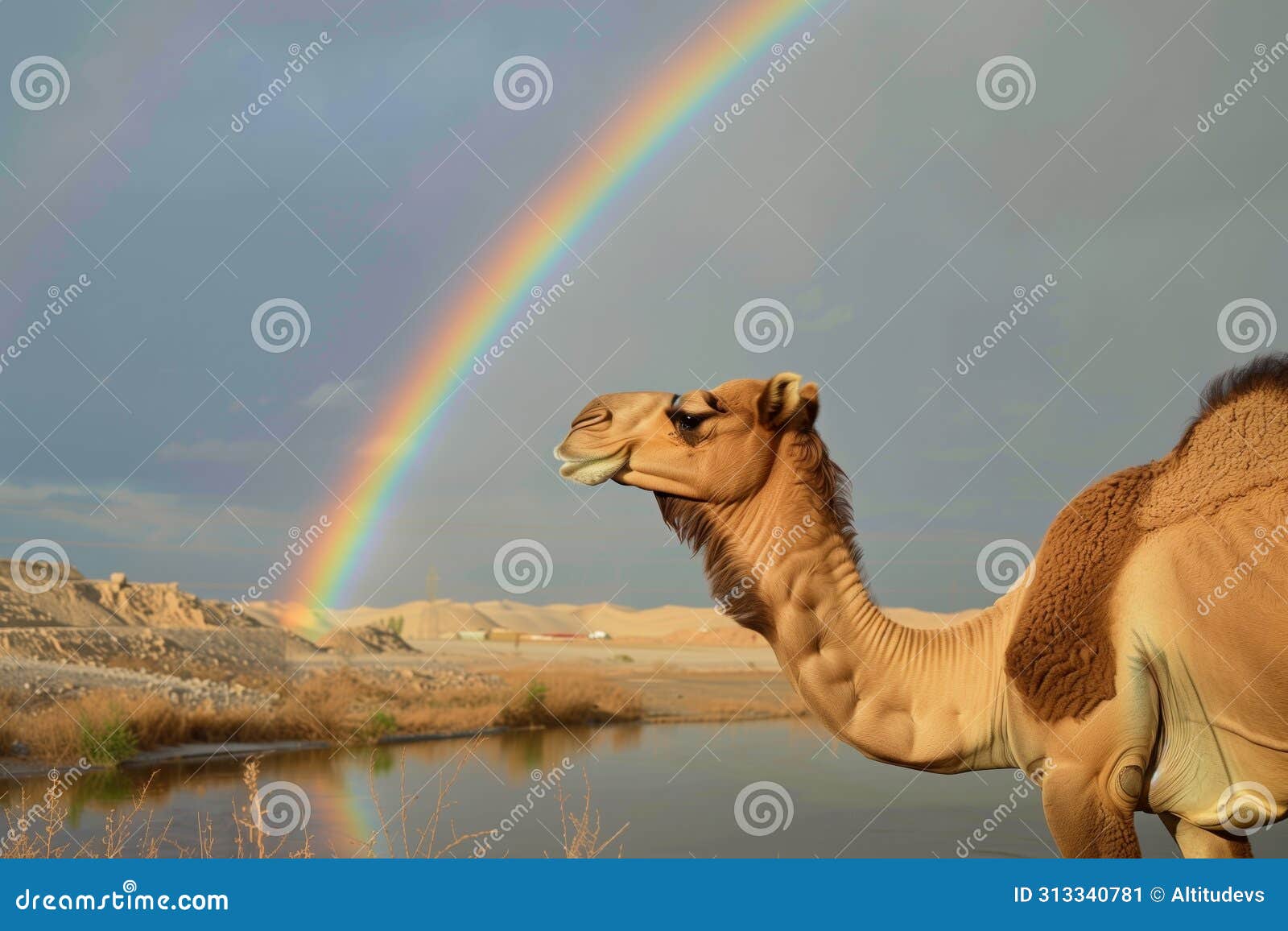 Single Camel Standing by an Oasis with a Rainbow in the Sky Stock Image ...