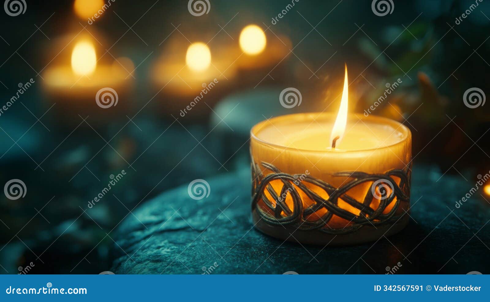 A Single Candle Burning with Celtic Knotwork Design on a Dark Surface ...