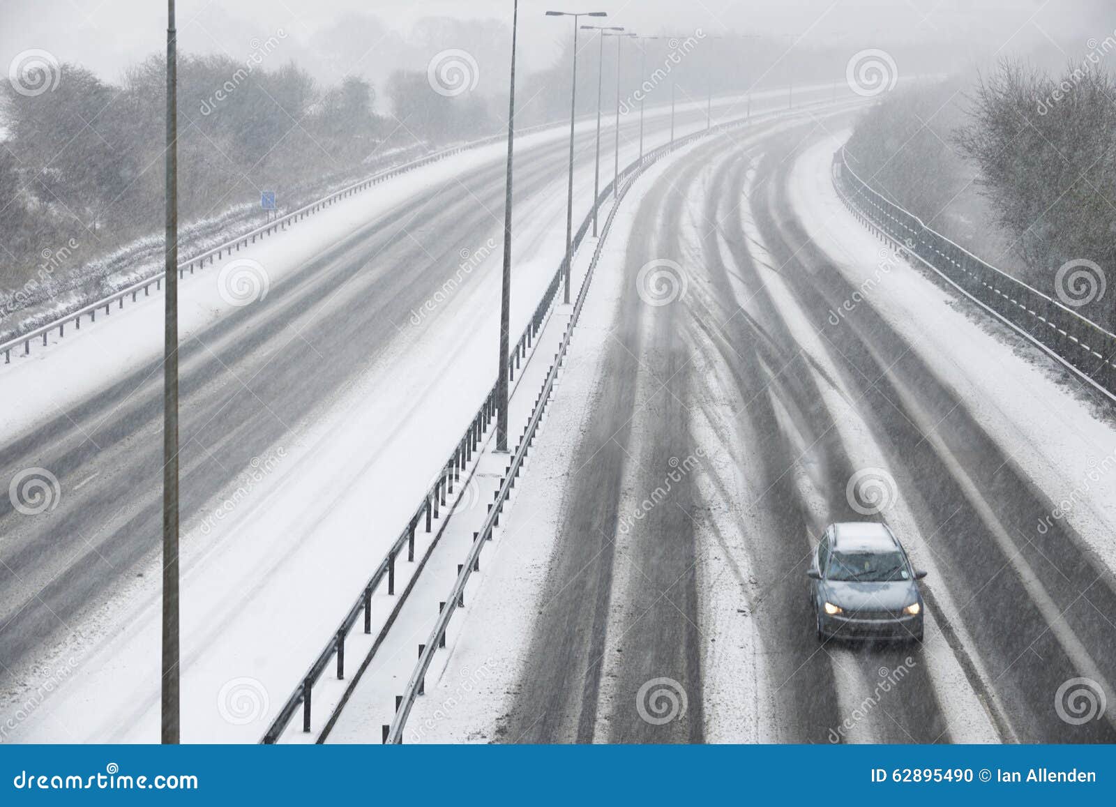 Single Car on Motorway during Snow Storm Stock Photo - Image of cold ...