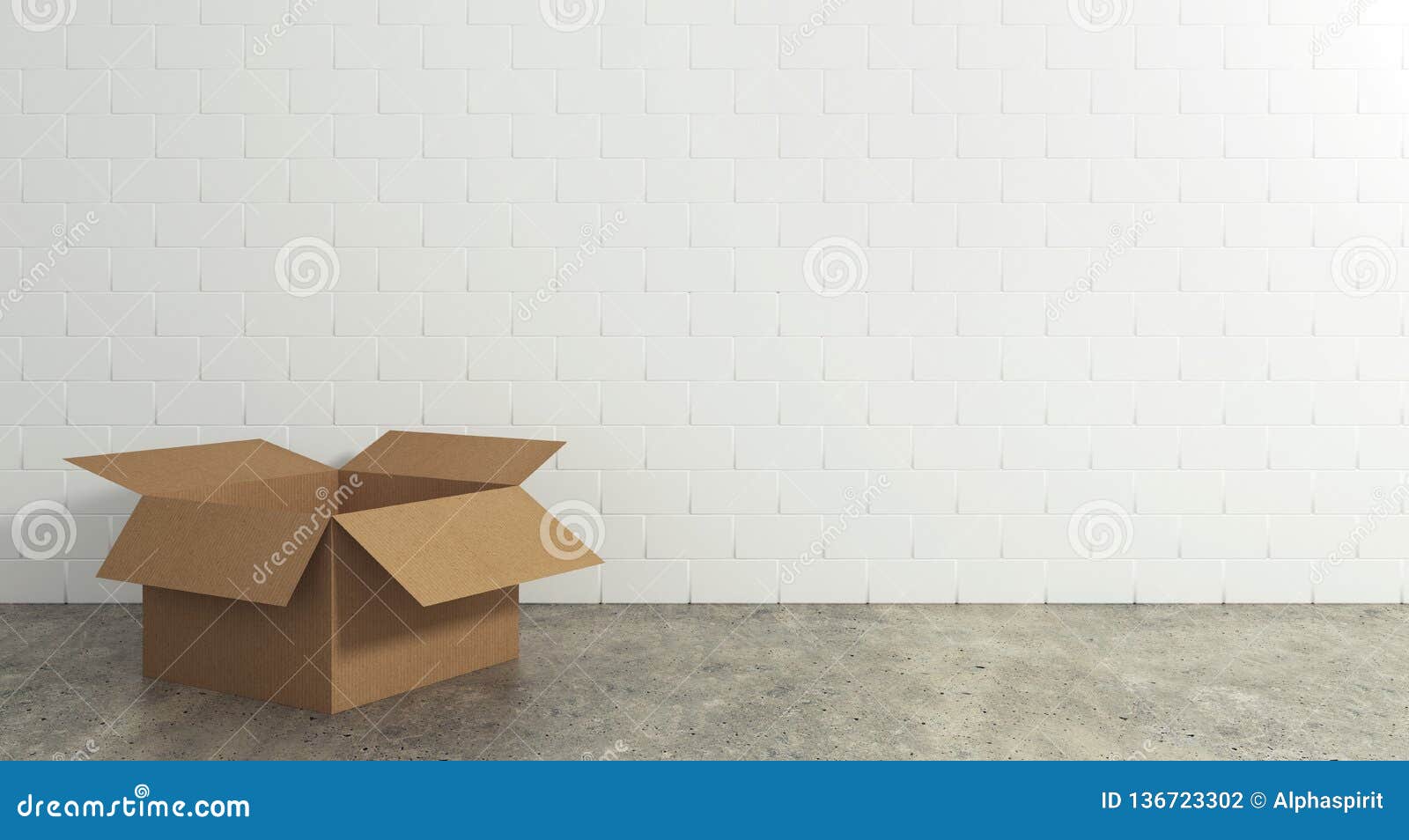 Empty Open Cardboard Box on the Floor with a Wall Background. Concept ...