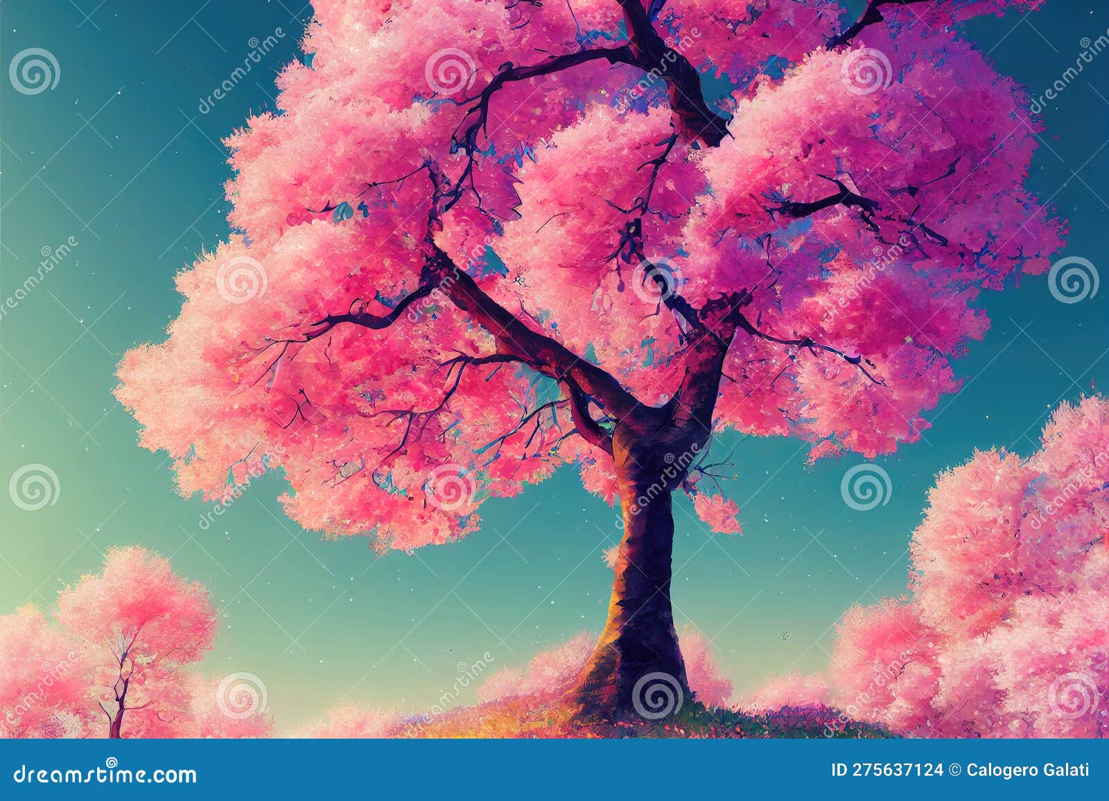 A Single Cherry Tree with Shining Parts, Illustration, Ai Generated Image Stock Illustration ...