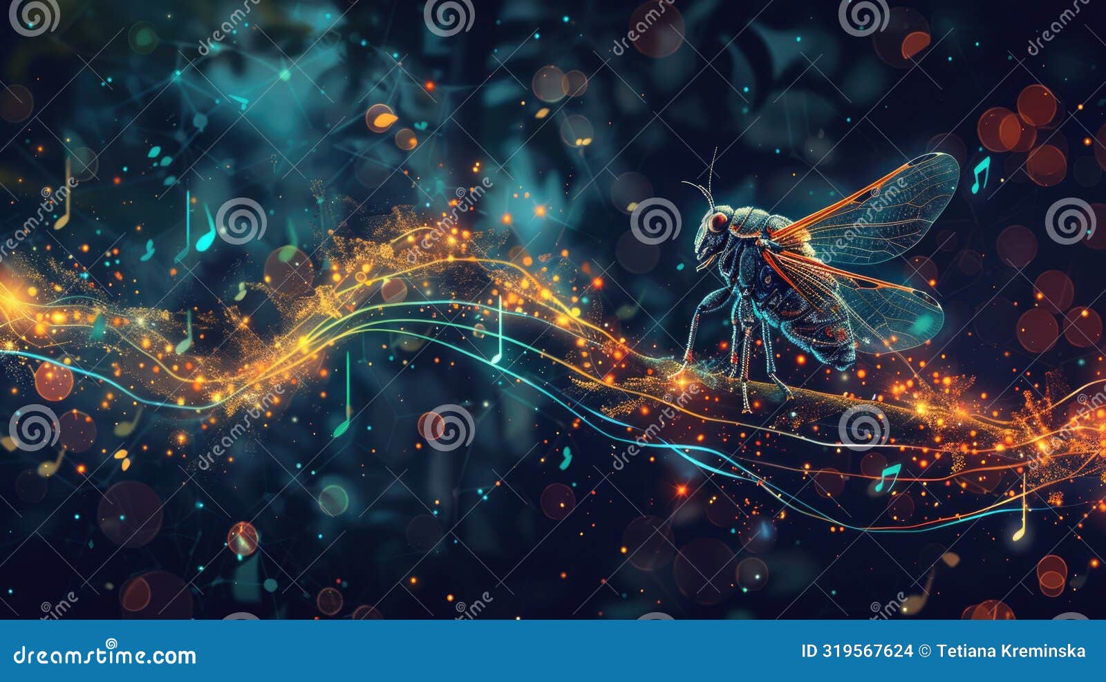 Single Cicada on a Branch, Emitting Circular Sound Waves with Musical ...