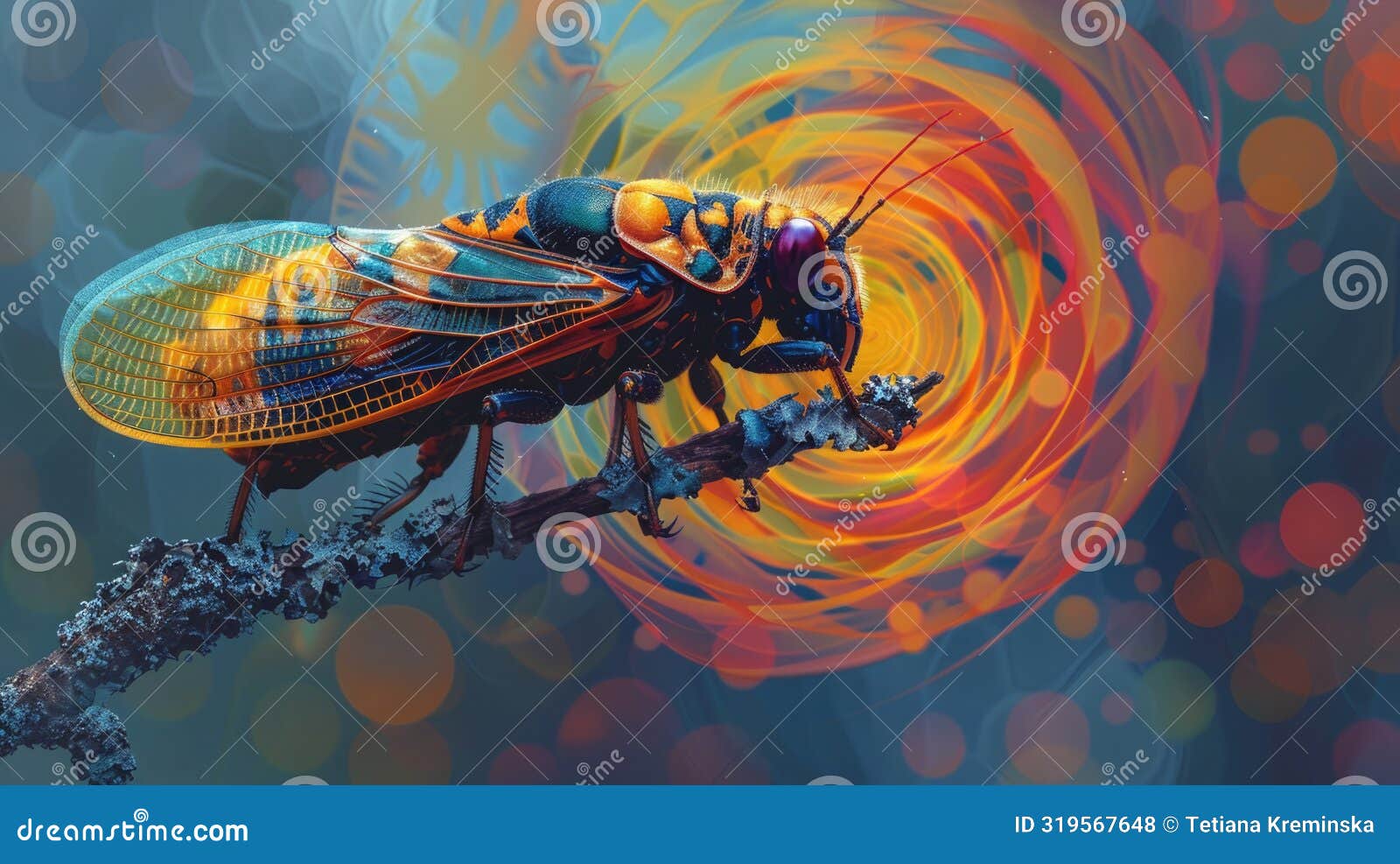 Single Cicada on a Branch, Emitting Circular Sound Waves with Musical ...