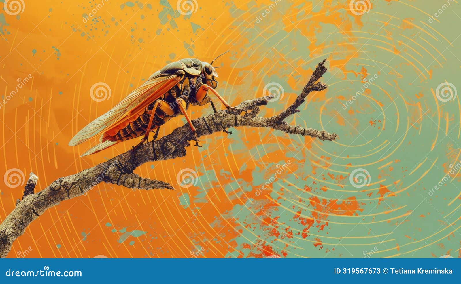 Single Cicada on a Branch, Emitting Circular Sound Waves with Musical ...