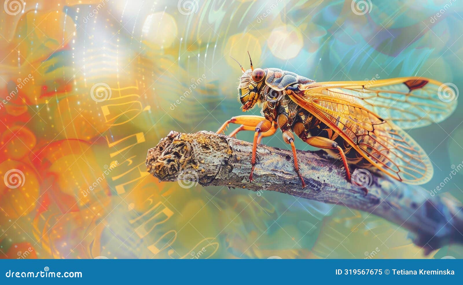 Single Cicada on a Branch, Emitting Circular Sound Waves with Musical ...