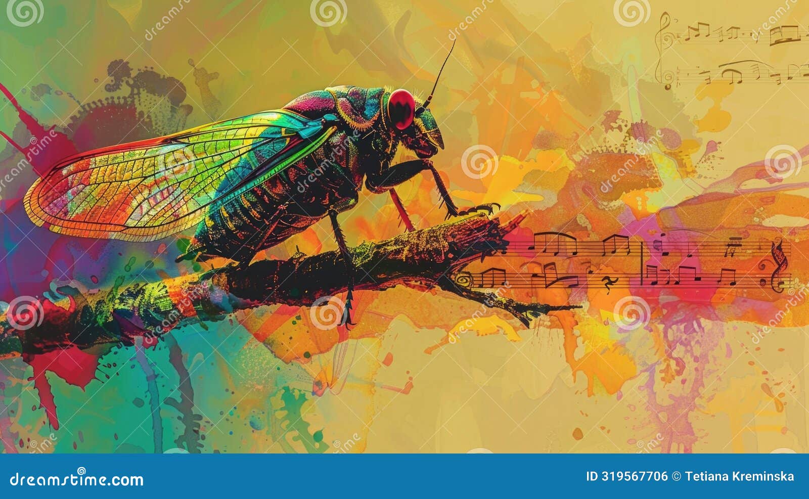 Single Cicada on a Branch, Emitting Circular Sound Waves with Musical ...