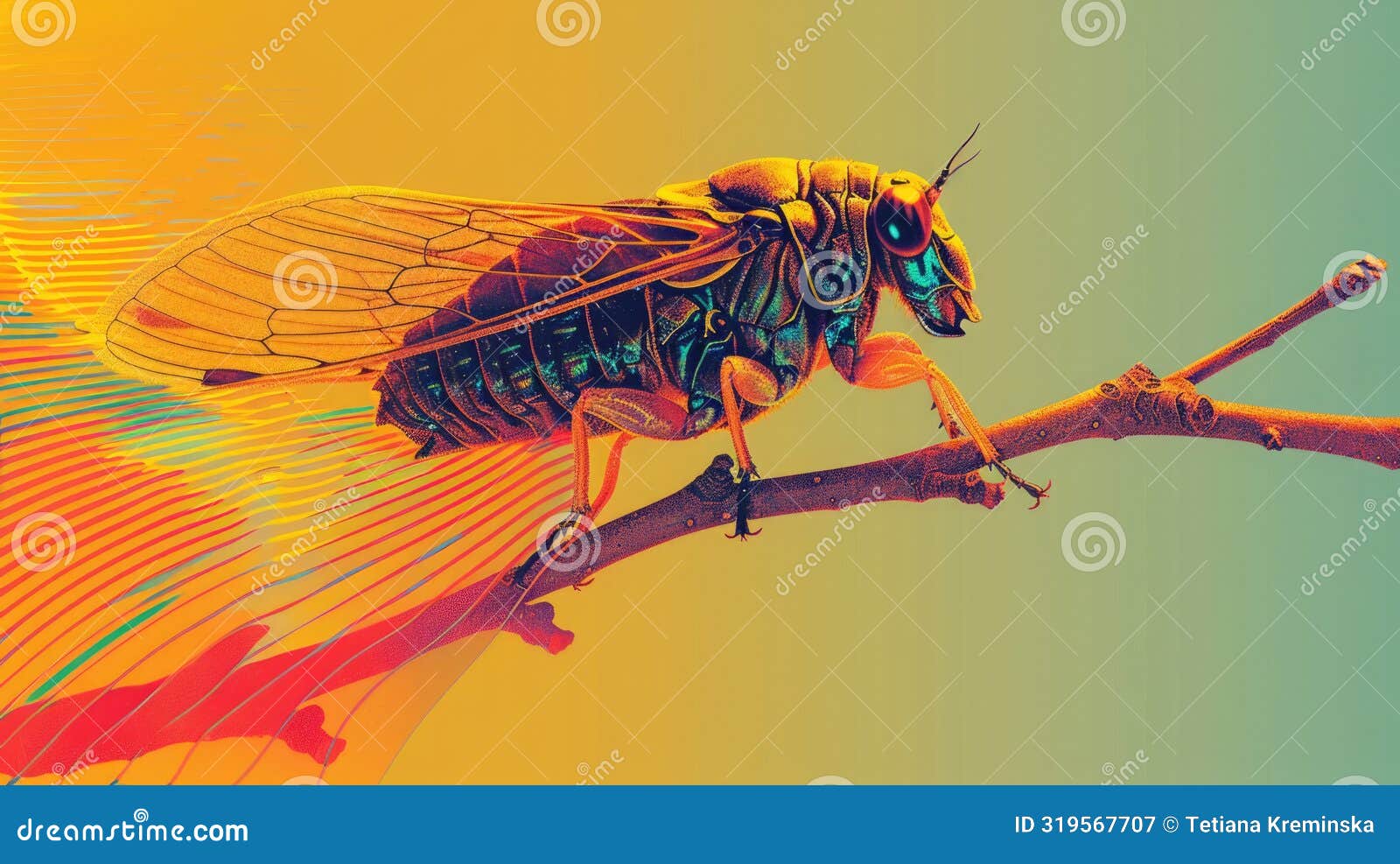 Single Cicada on a Branch, Emitting Circular Sound Waves with Musical ...