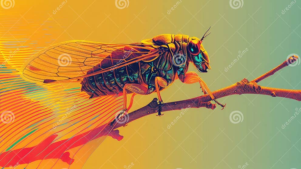 Single Cicada on a Branch, Emitting Circular Sound Waves with Musical ...