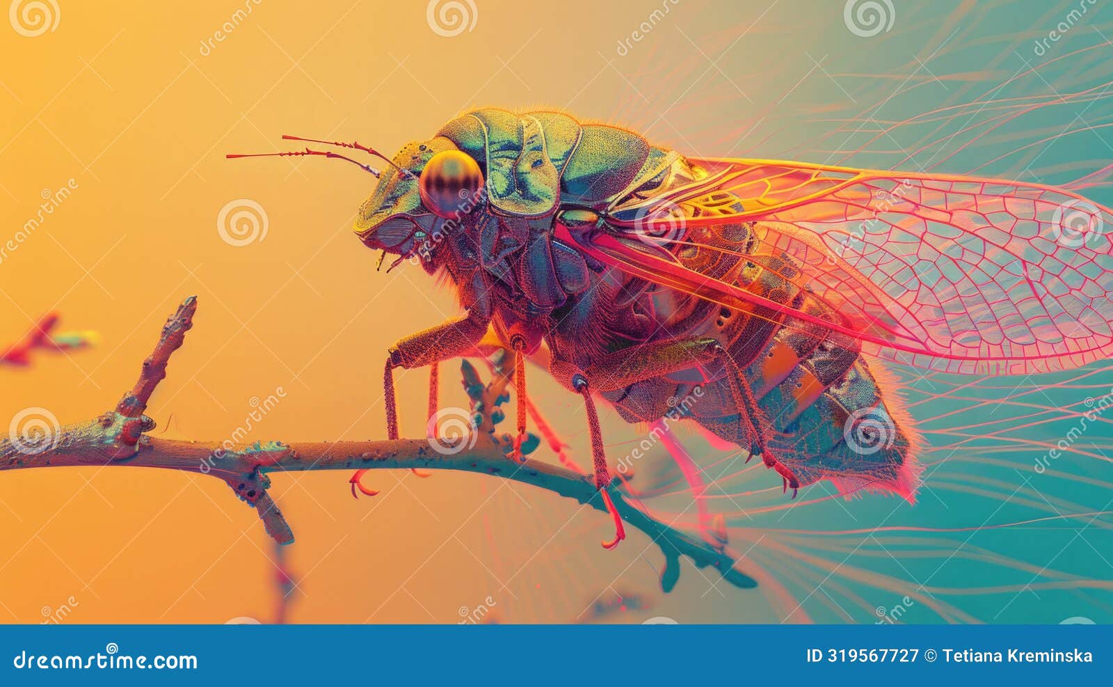 Single Cicada on a Branch, Emitting Circular Sound Waves with Musical ...