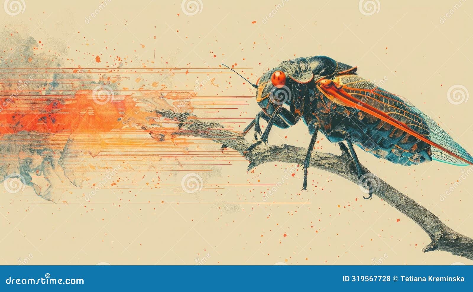 Single Cicada on a Branch, Emitting Circular Sound Waves with Musical ...