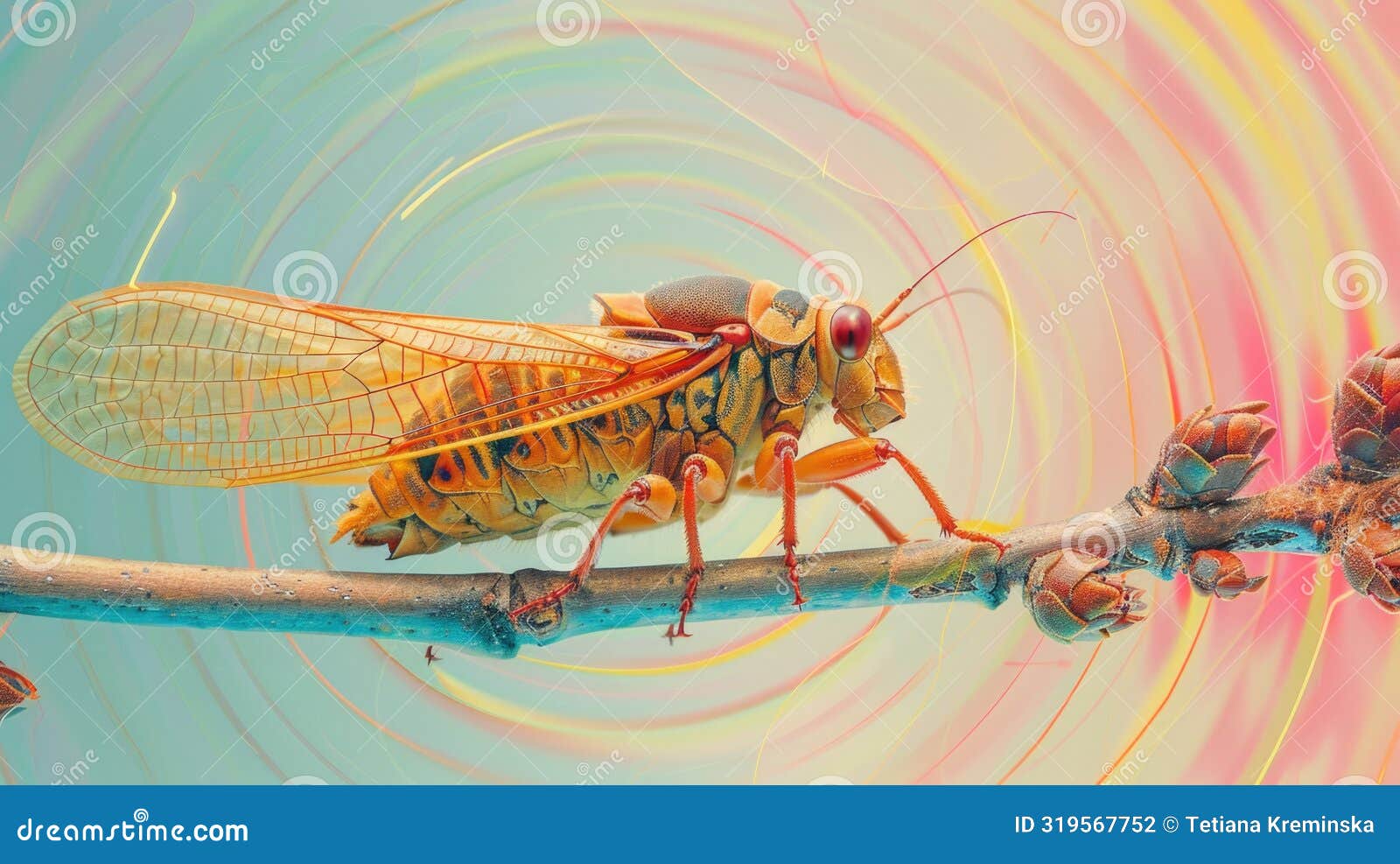 Single Cicada on a Branch, Emitting Circular Sound Waves with Musical ...