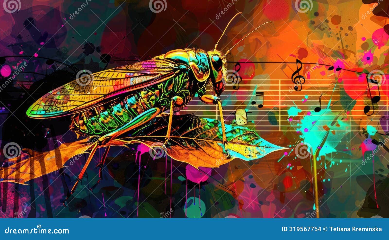 Single Cicada on a Branch, Emitting Circular Sound Waves with Musical ...