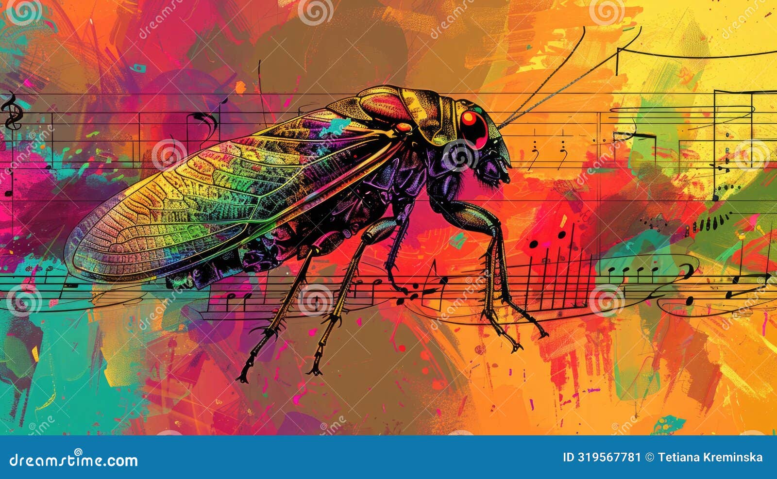 Single Cicada on a Branch, Emitting Circular Sound Waves with Musical ...