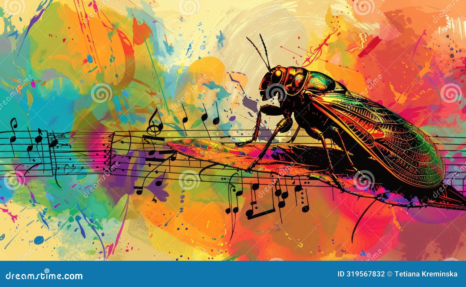 Single Cicada on a Branch, Emitting Circular Sound Waves with Musical ...