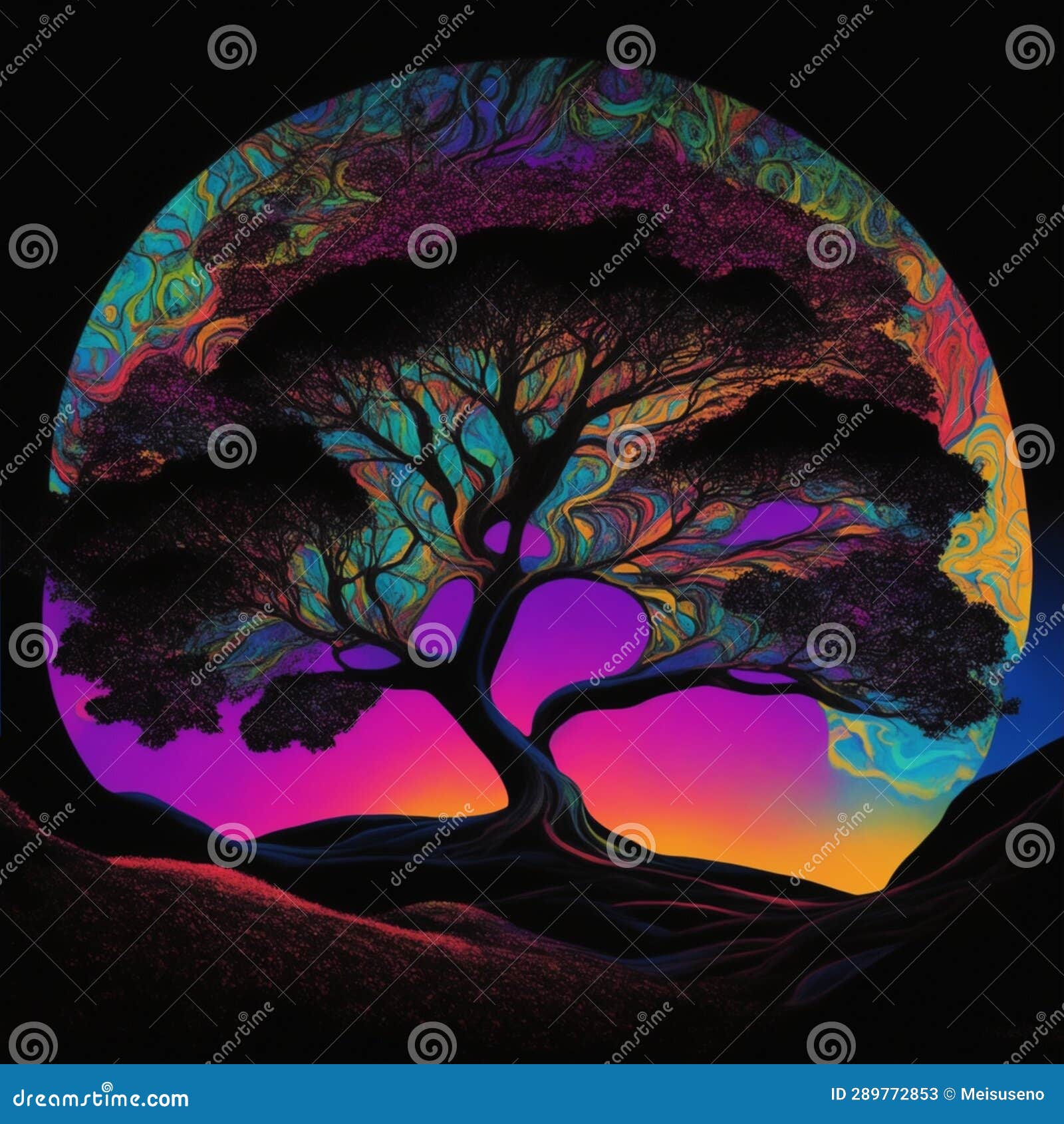Single Circular Tree on Black Background Illustration Stock ...