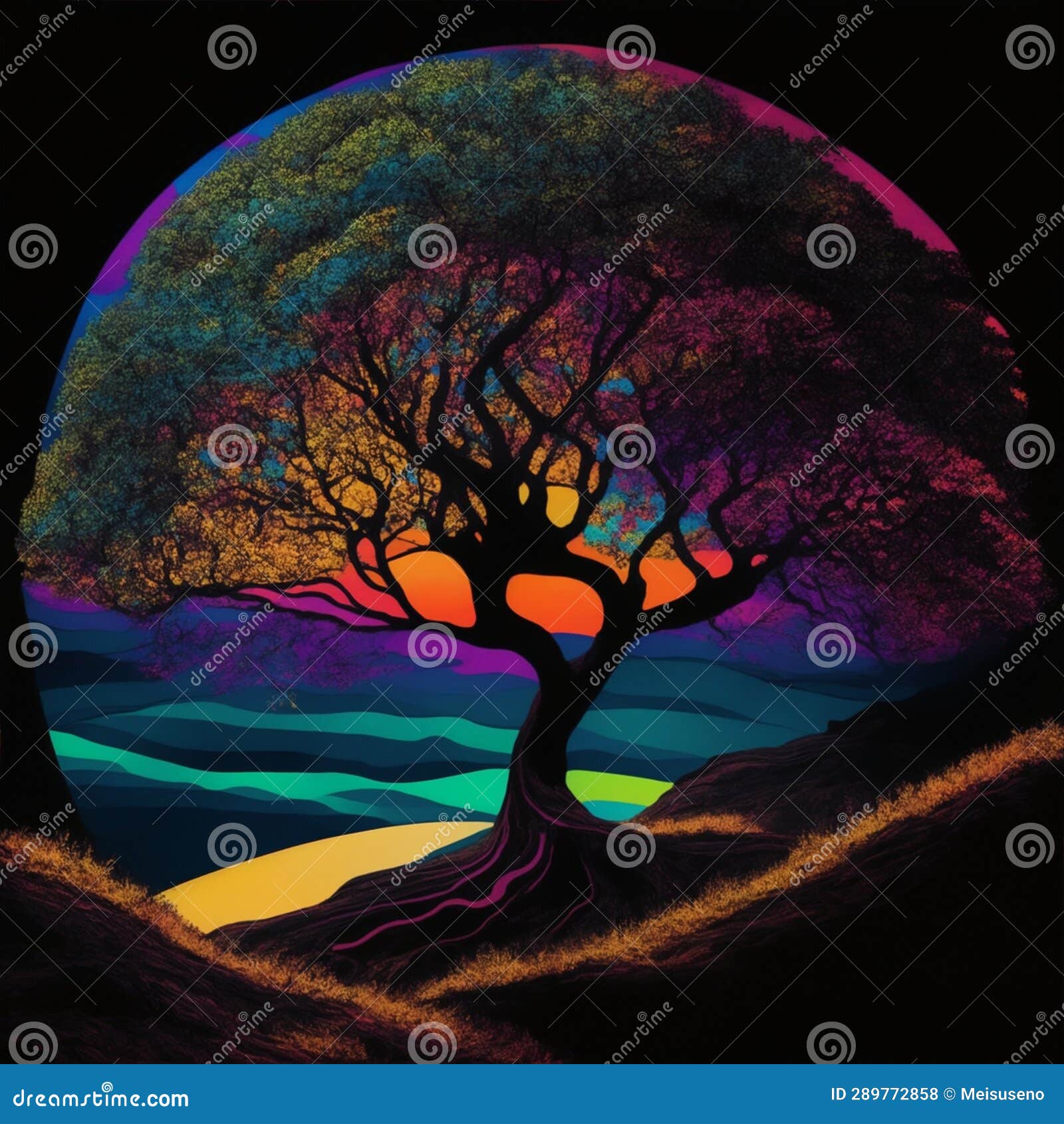 Single Circular Tree on Black Background Illustration Stock ...
