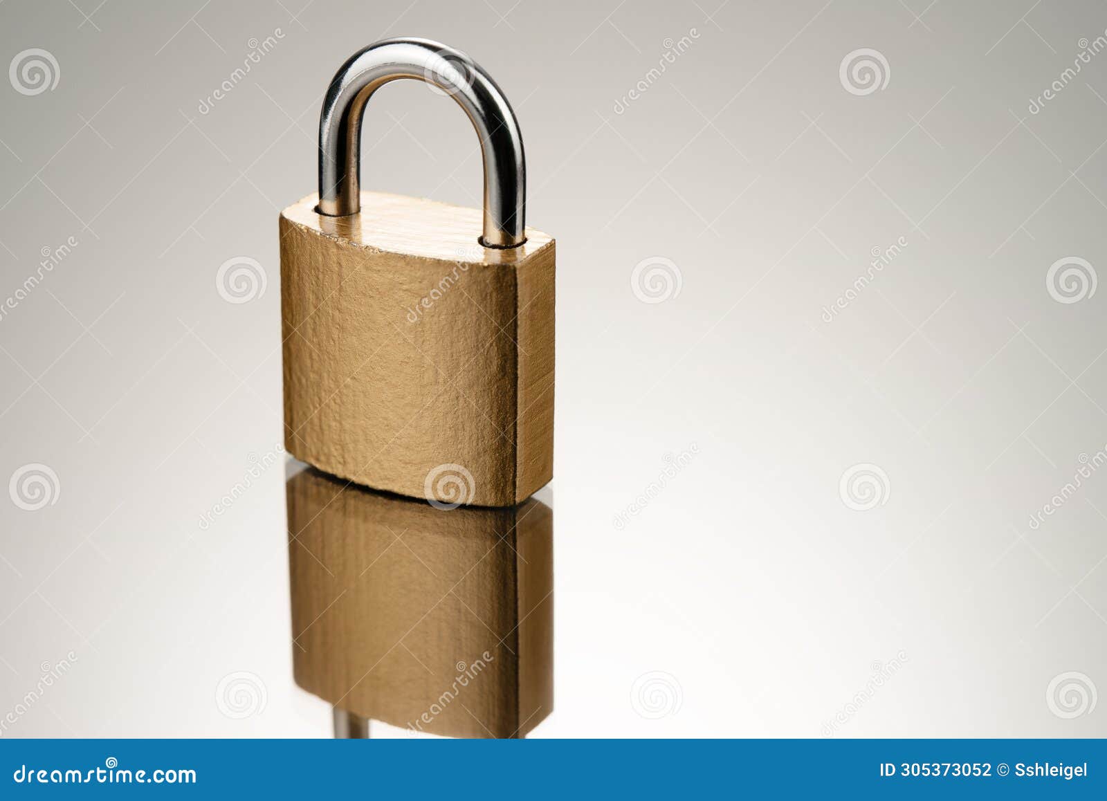 Single Closed Padlock in Gold Color on Reflective Surface. Three ...